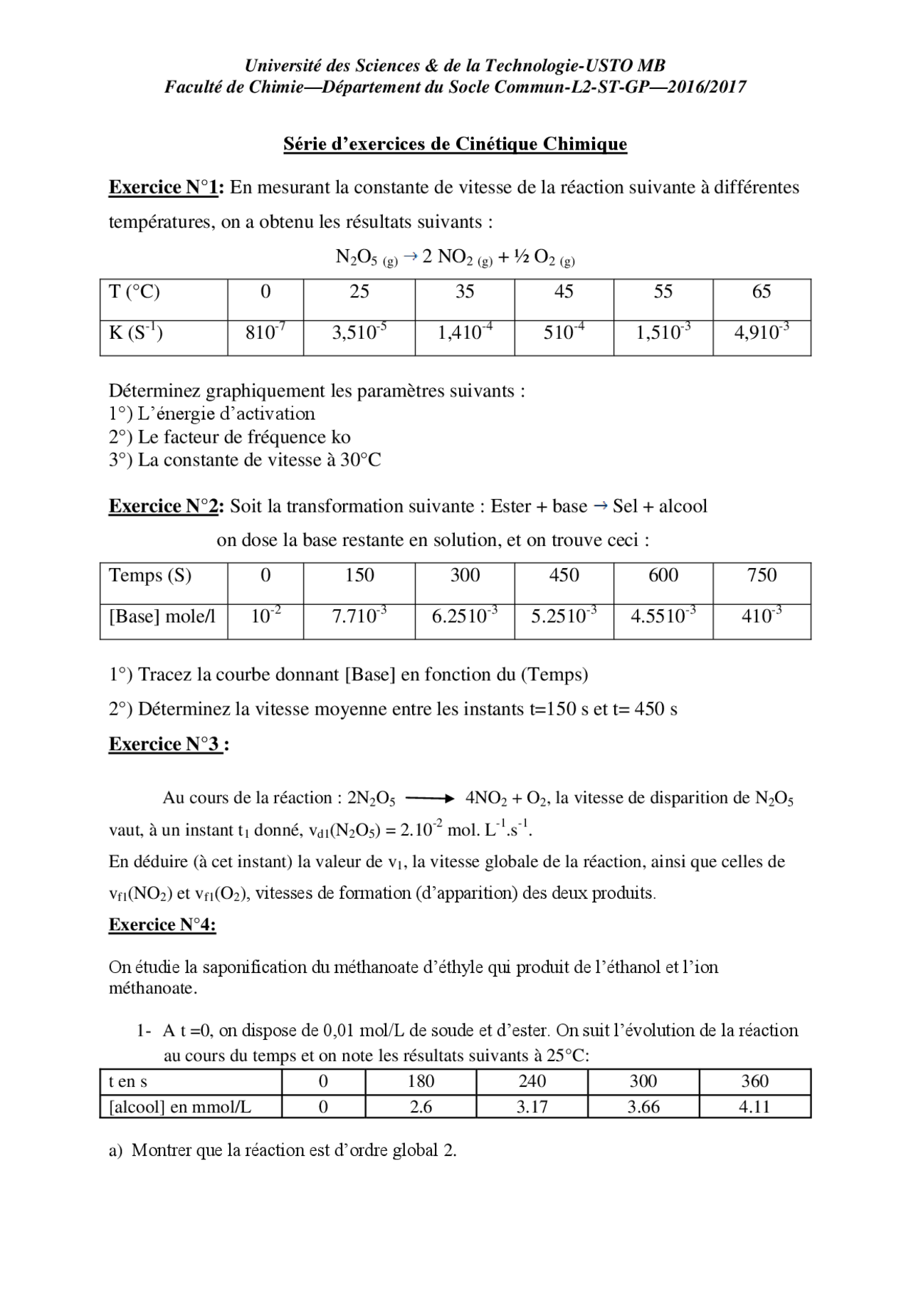 Série Dexercices De Cinétique Chimique Docsity