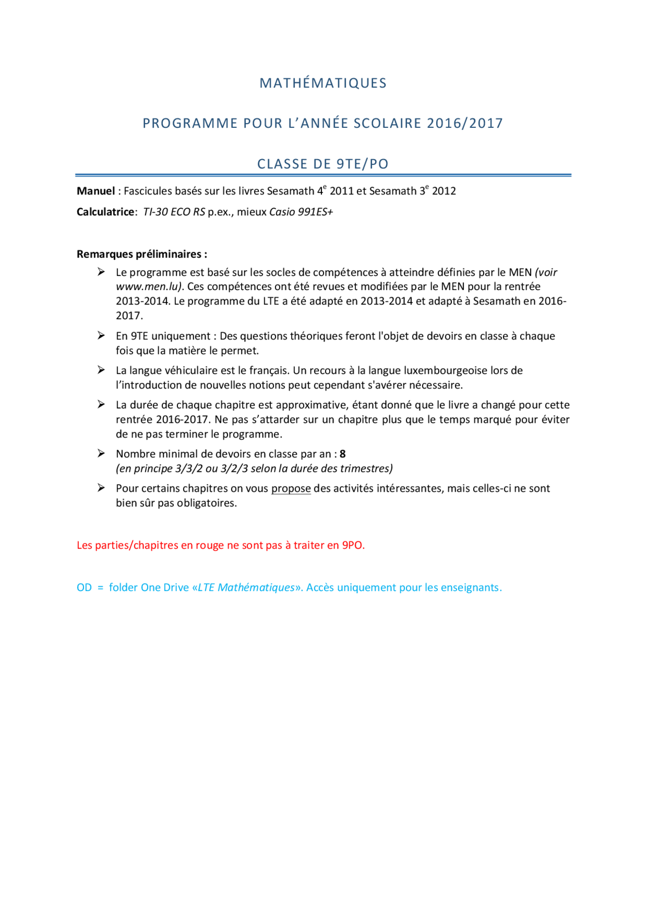 Mathématiques: programme pour l'année scolaire 2016/2017 - Docsity