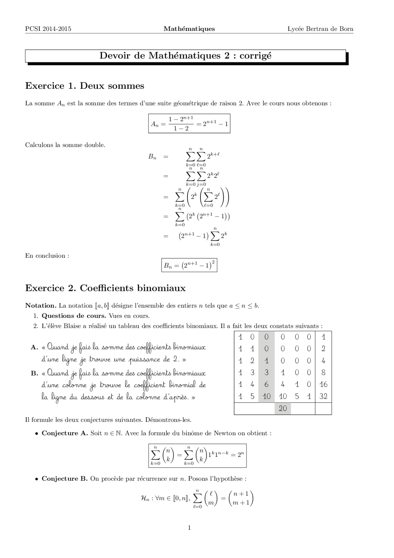 Devoir de Mathématiques 2: corrigé | Exercices Mathématiques | Docsity