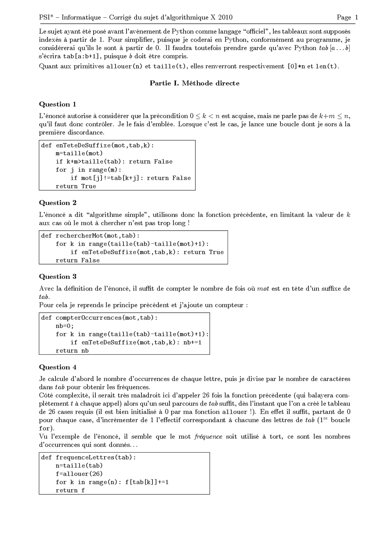 Psi Informatique Corrigé Du Sujet Dalgorithmique X 2010 Docsity