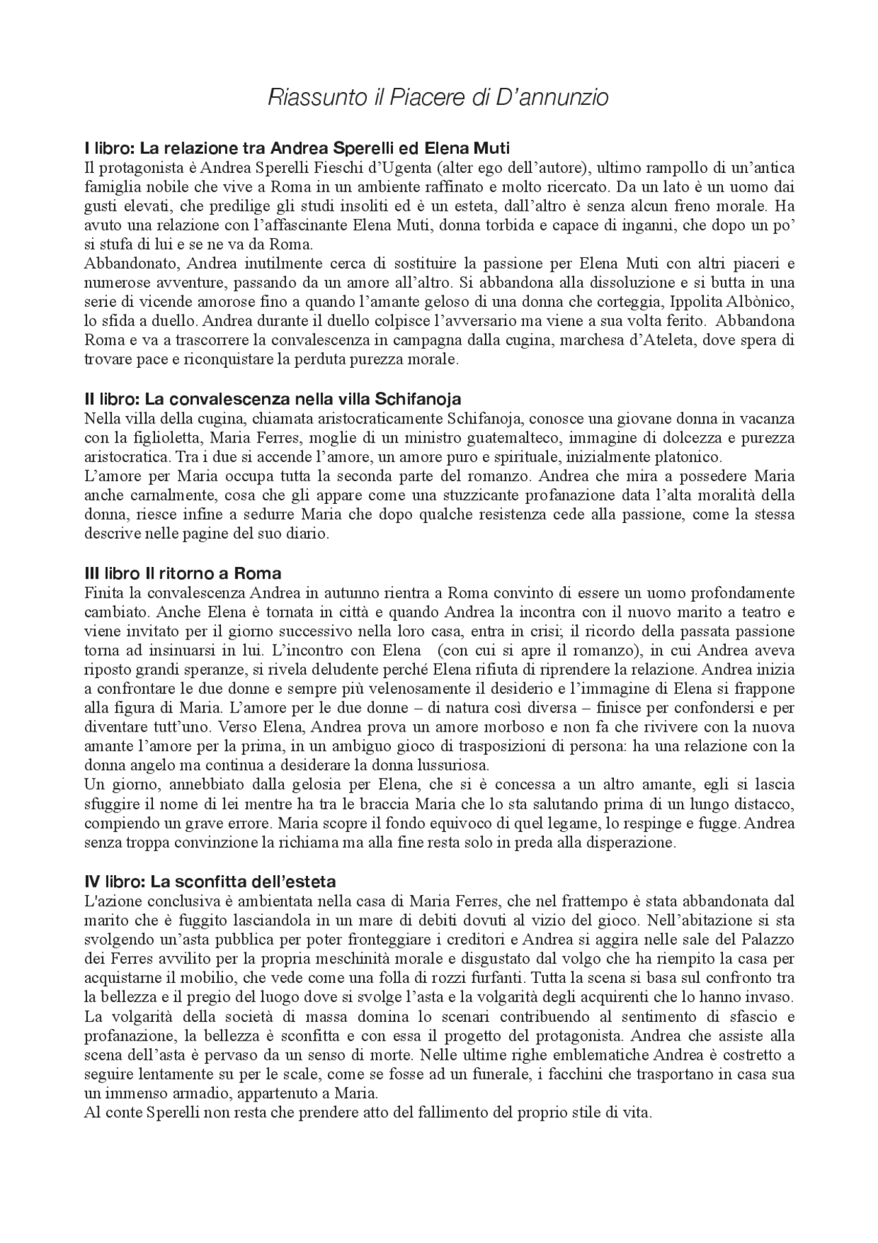 Riassunto Il Piacere Di Dannunzio Docsity