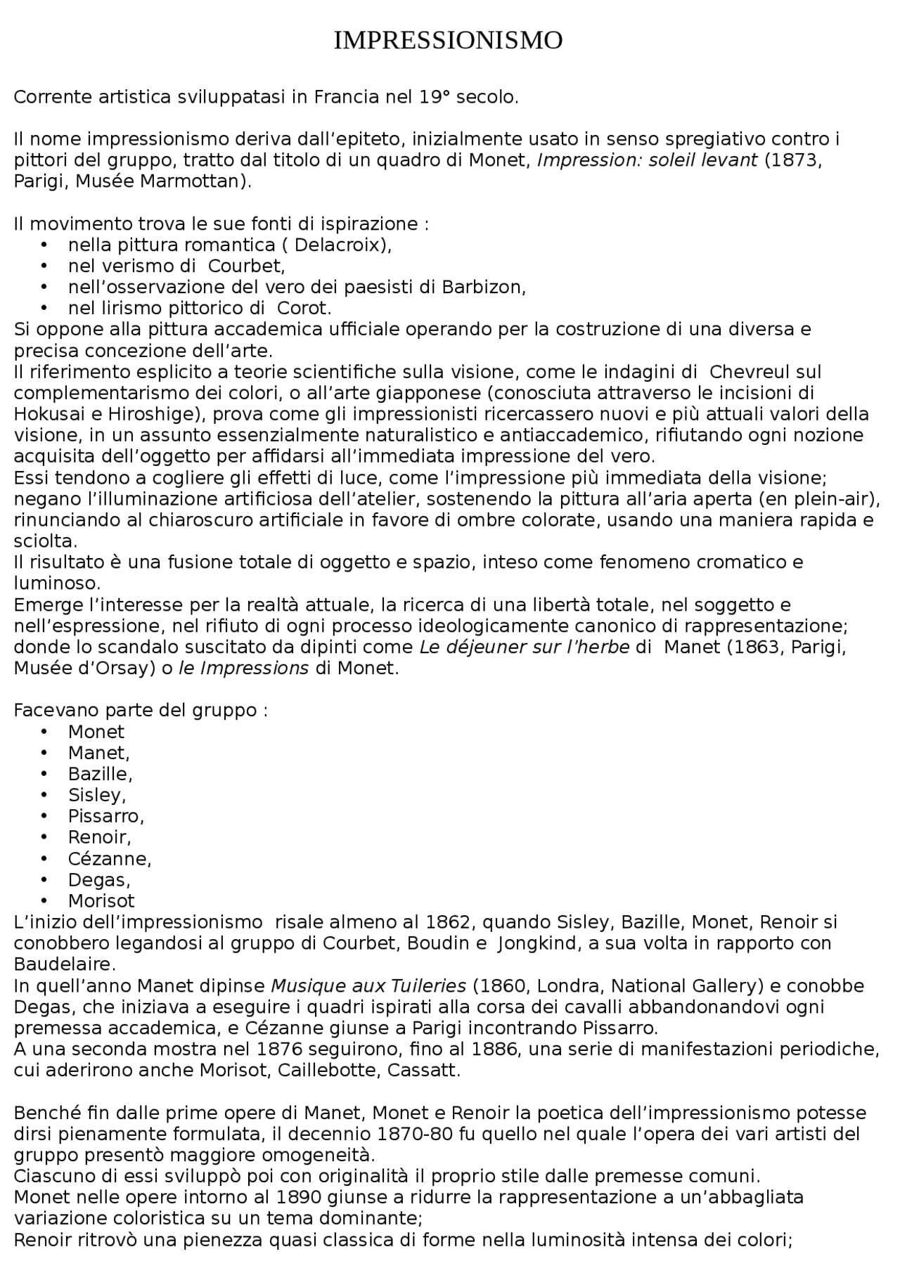 Storia Dellarte Impressionismo Docsity