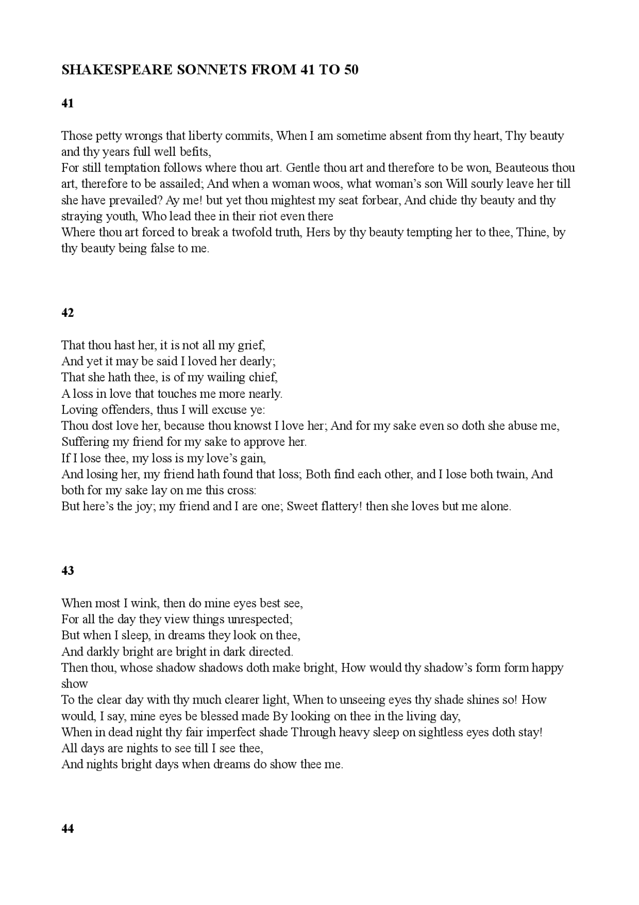 SHAKESPEARE SONNETS FROM 41 TO 50 - Docsity