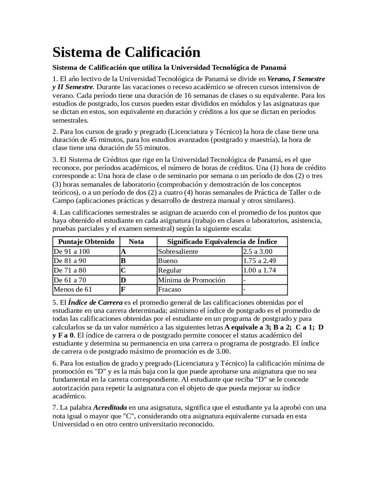 Sistema de calificación que utiliza la Universidad Tecnológica de ...