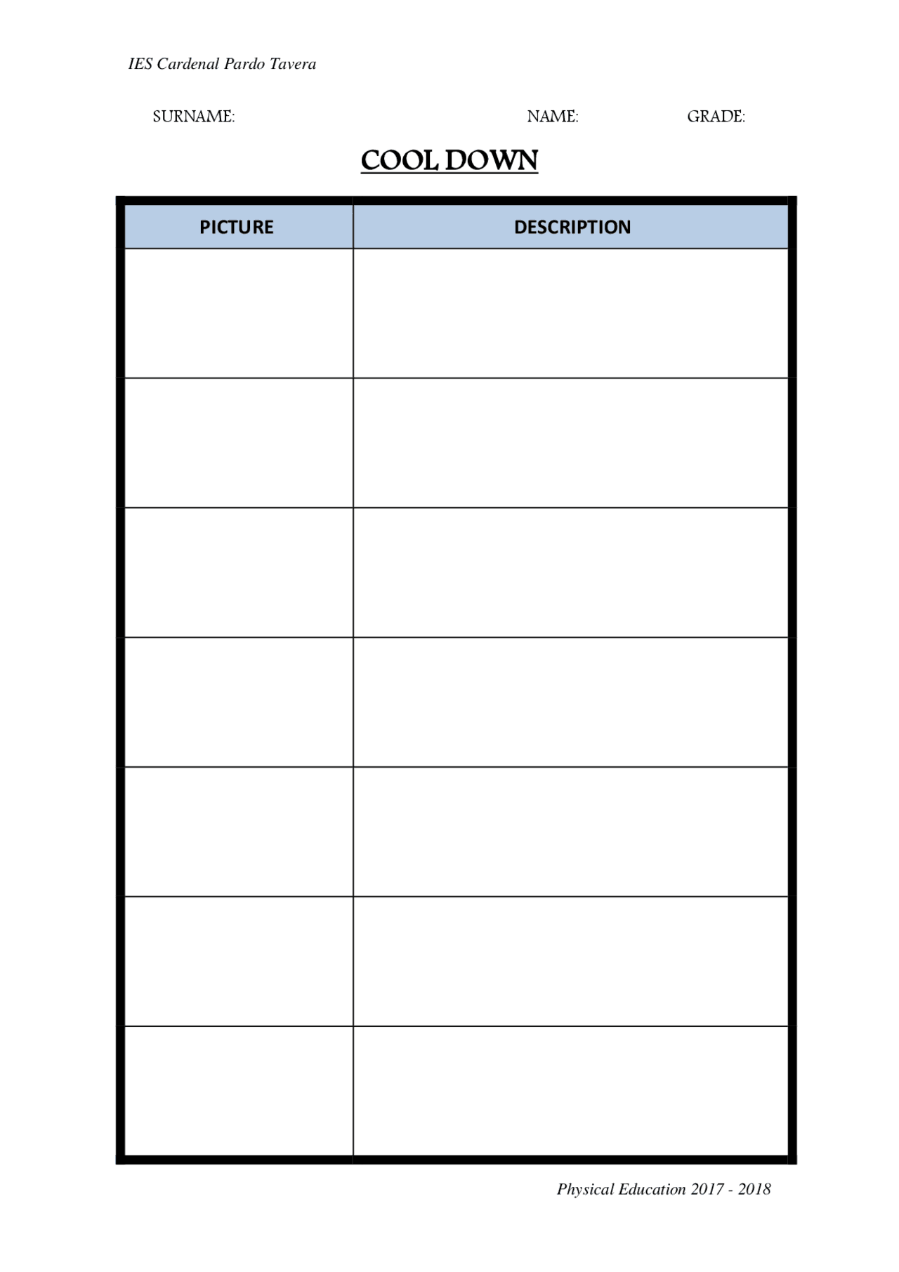 Cool down card o vuelta a la calma - Docsity