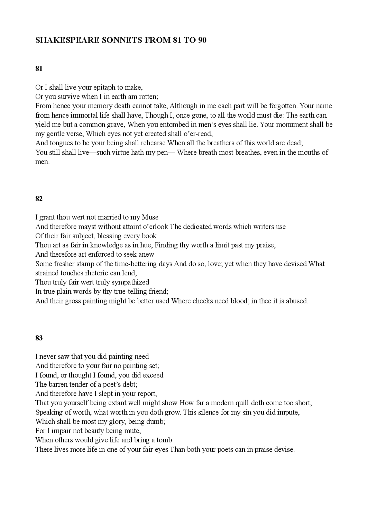 SHAKESPEARE SONNETS FROM 81 TO 90 - Docsity