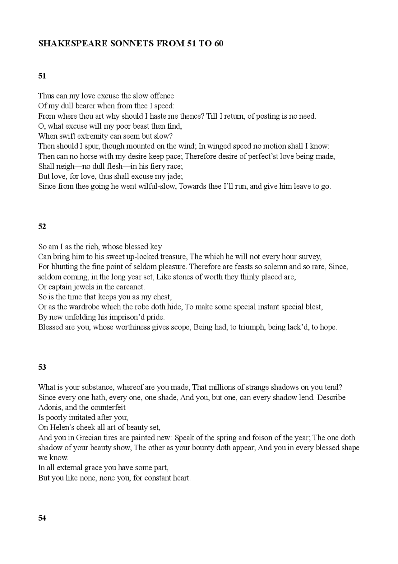 SHAKESPEARE SONNETS FROM 51 TO 60 - Docsity