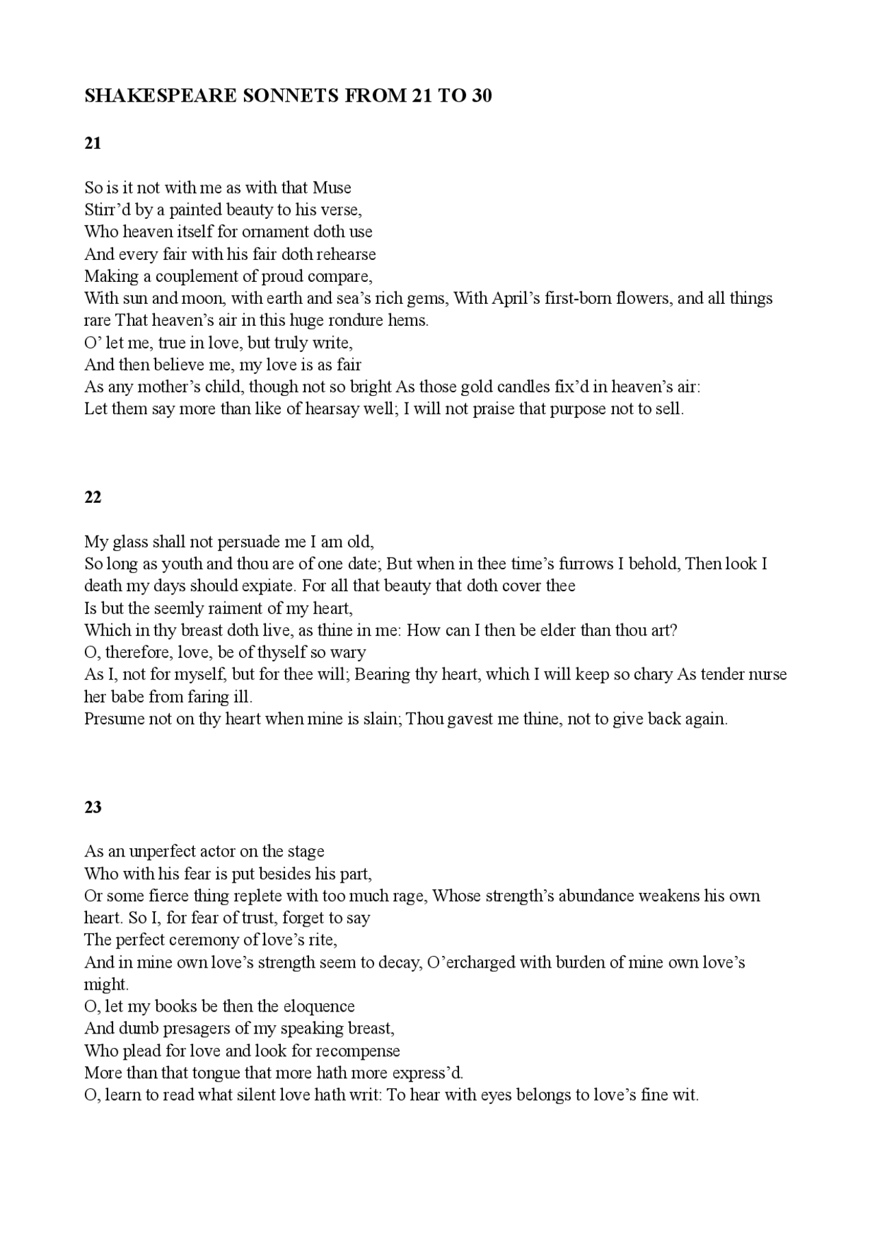 SHAKESPEARE SONNETS FROM 21 TO 30 - Docsity