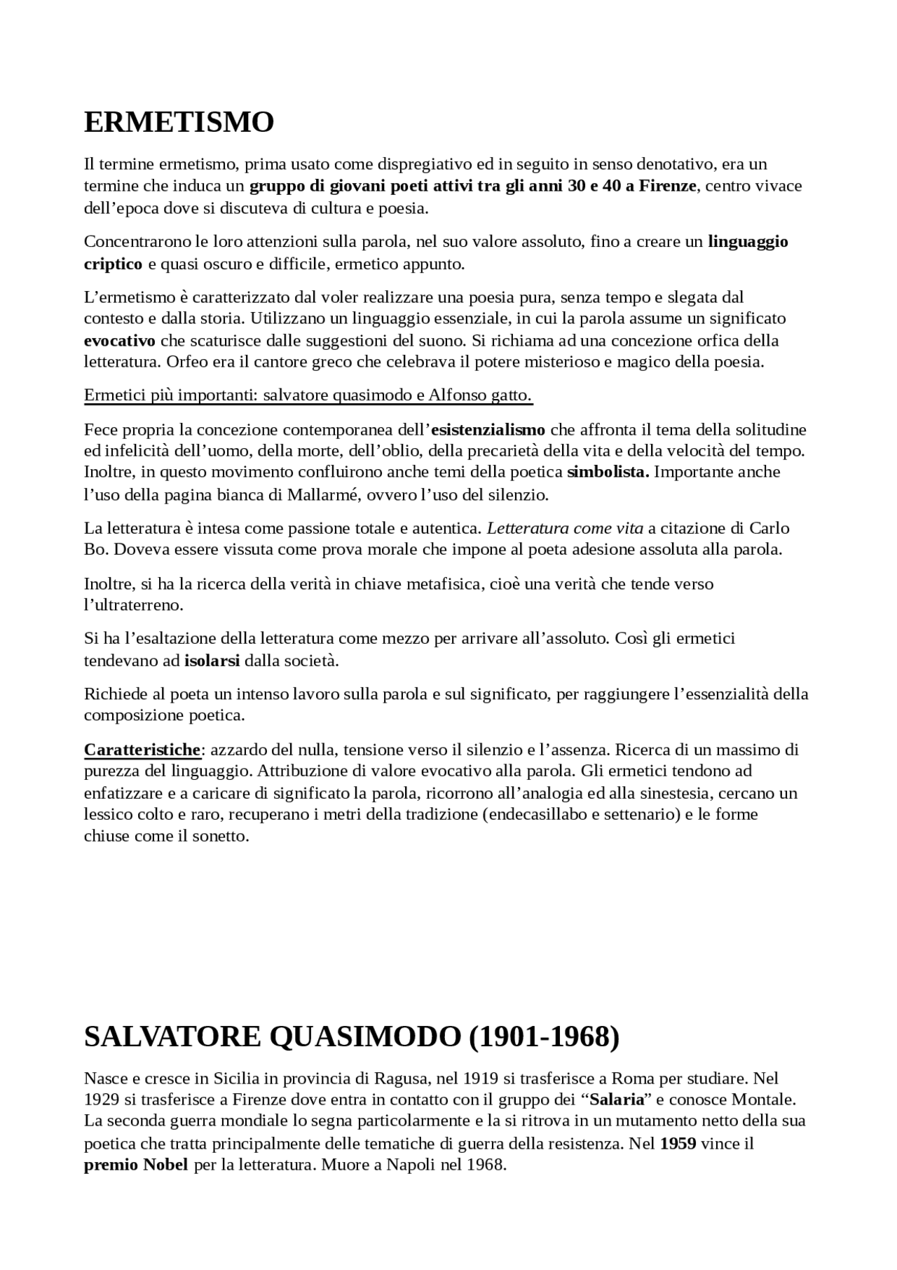 Ermetismo Quasimodo E Svevo Docsity