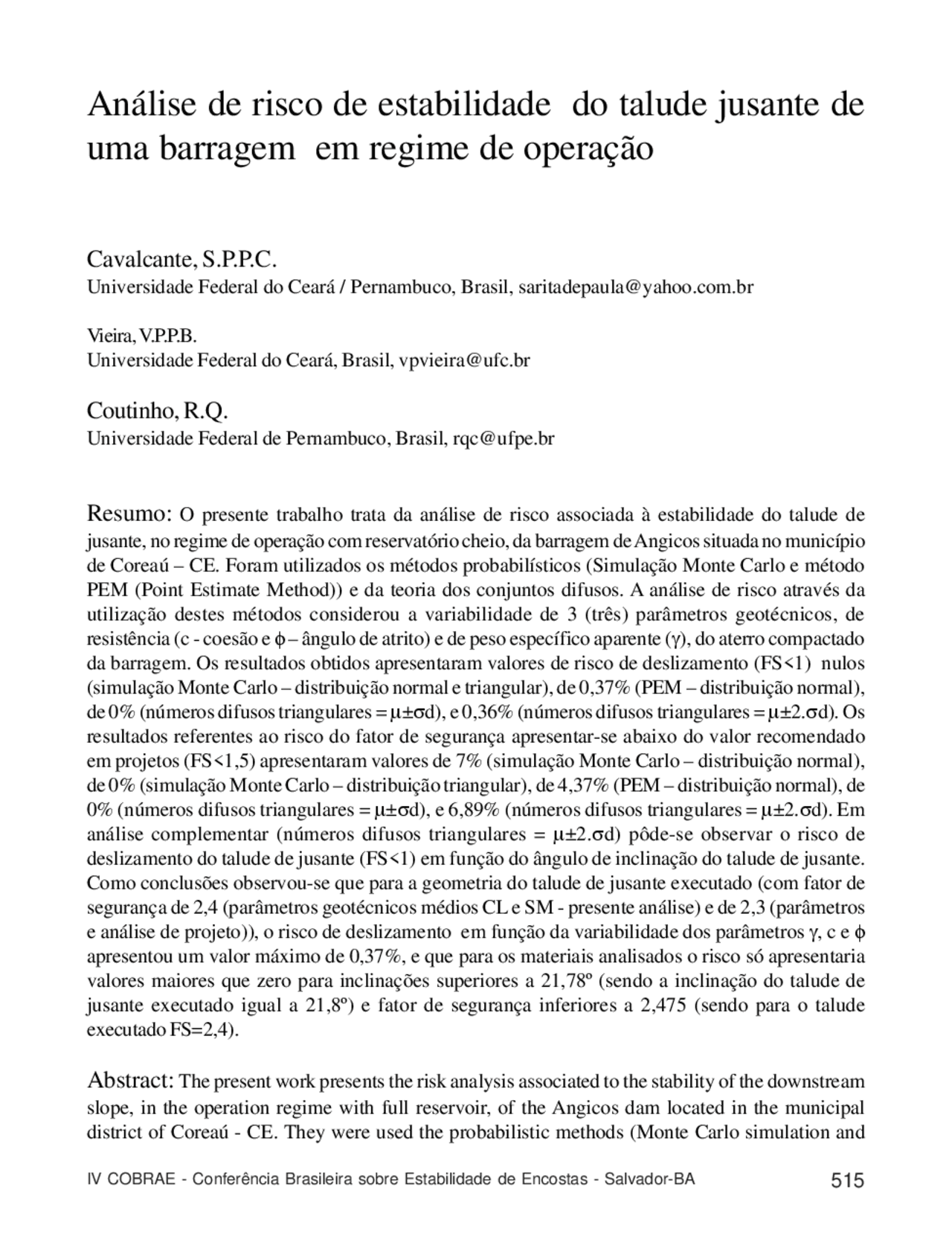 Análise de risco de estabilidade do talude jusante de uma barragem em ...