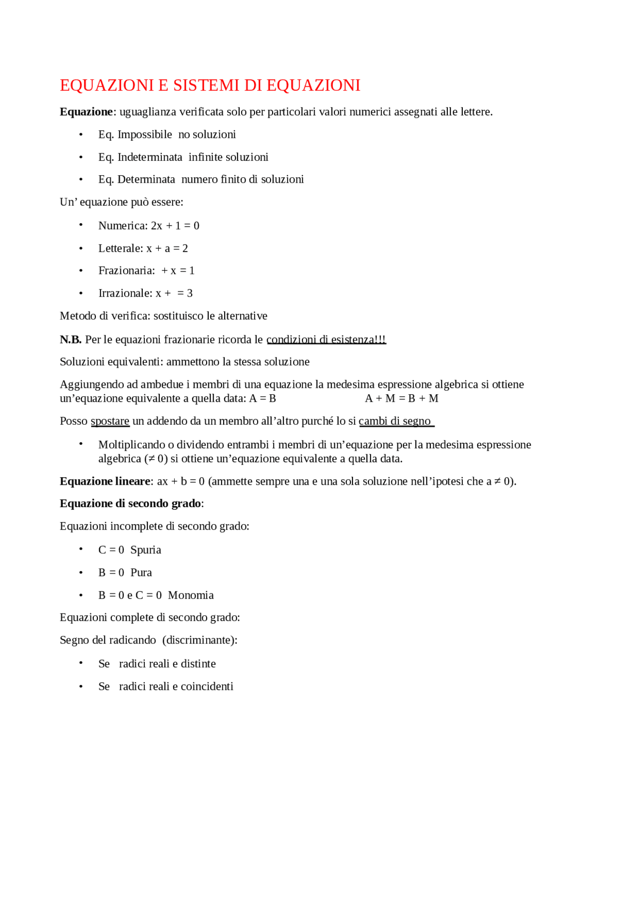 Equazioni E Sistemi Di Equazioni Docsity