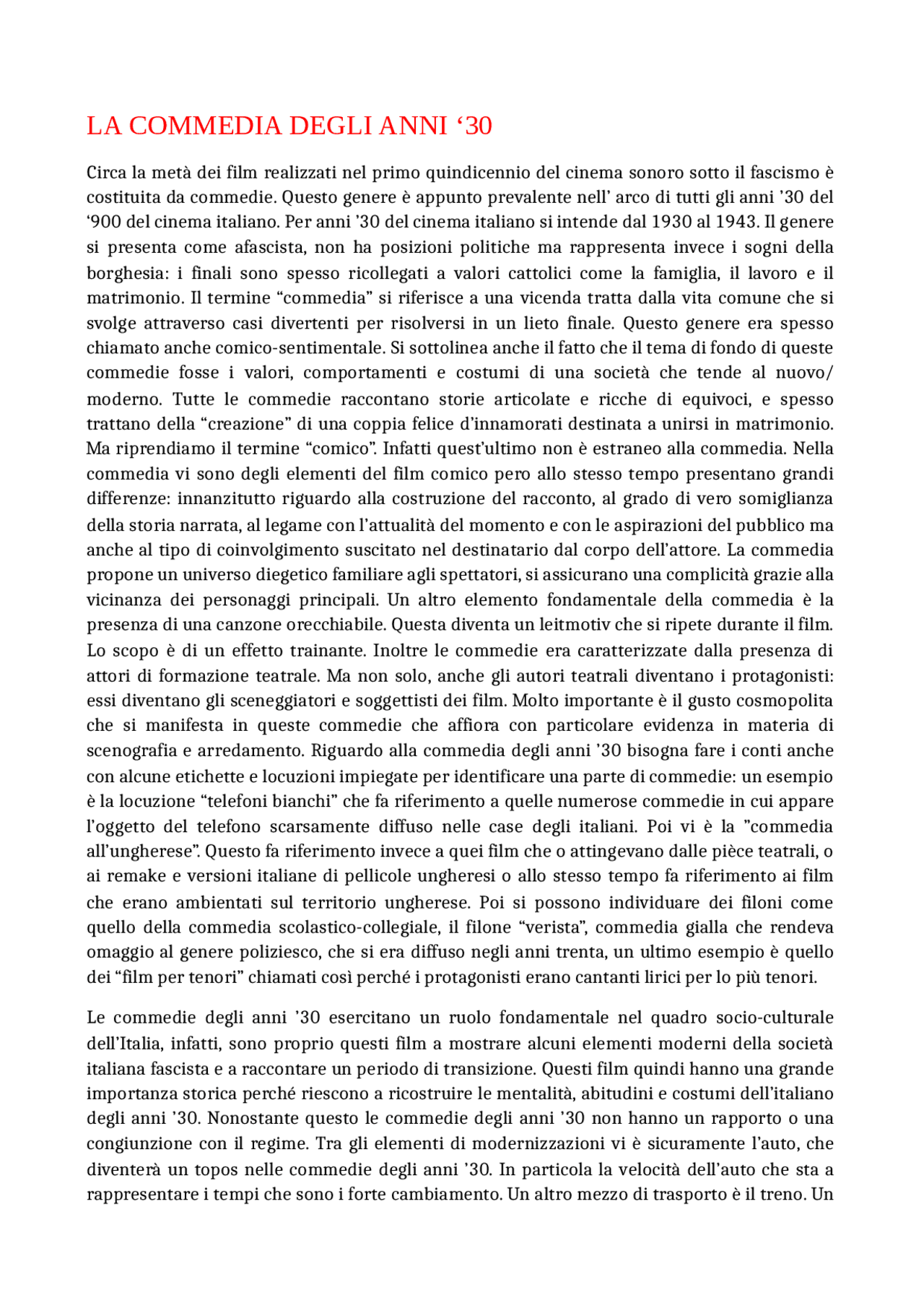 Riassunto Libro La Commedia Degli Anni 30 Prove Desame Di Storia Del