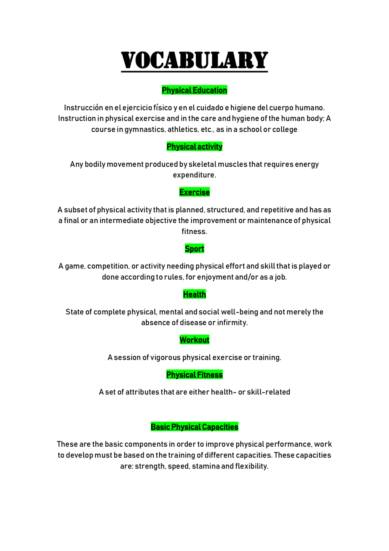 Physical Education Vocabulary | Apuntes de Educación física | Docsity