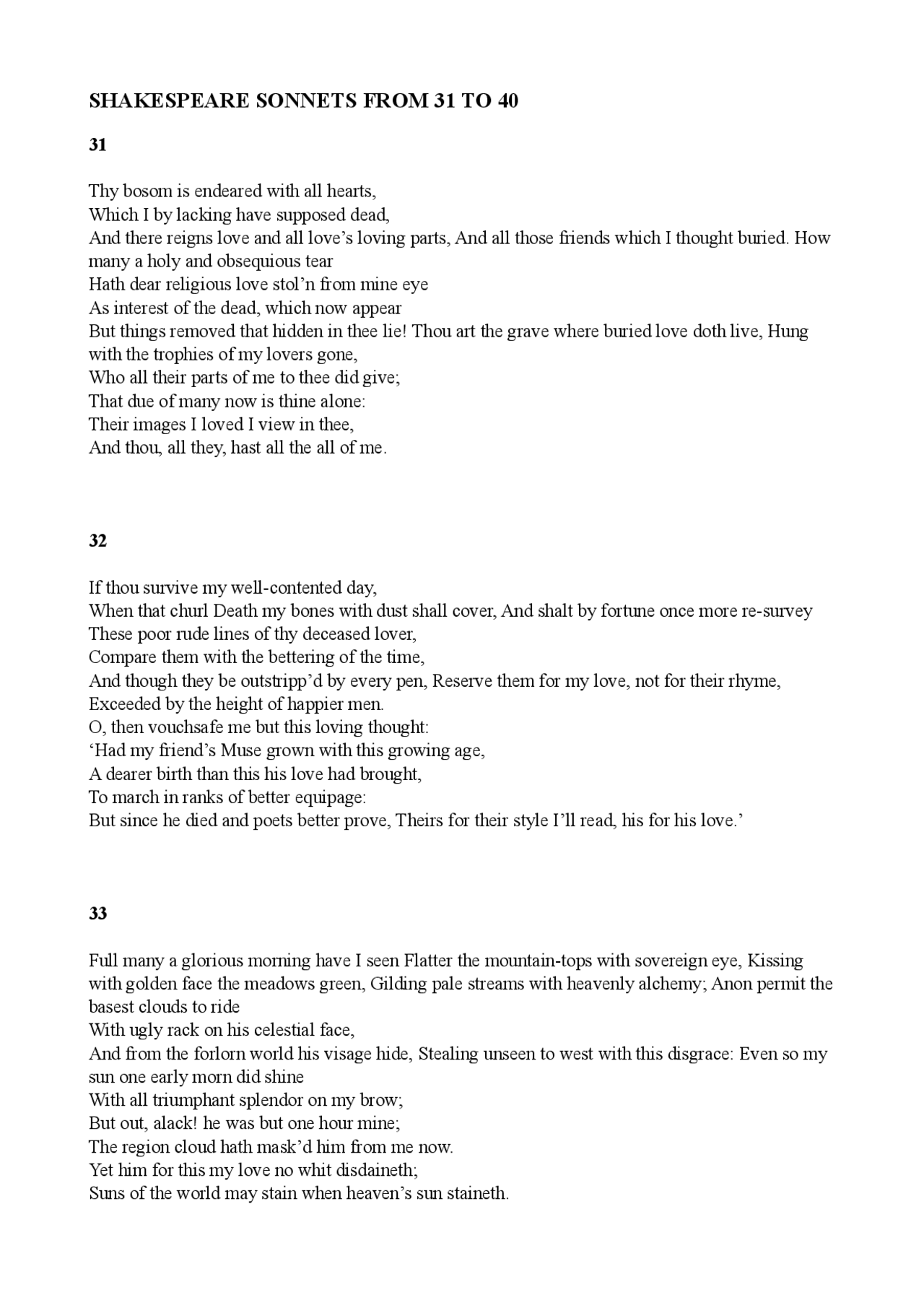 SHAKESPEARE SONNETS FROM 31 TO 40 - Docsity