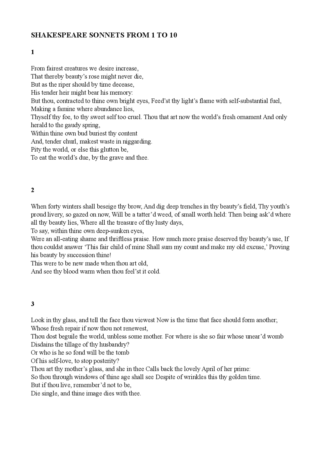 SHAKESPEARE SONNETS FROM 1 TO 10 - Docsity