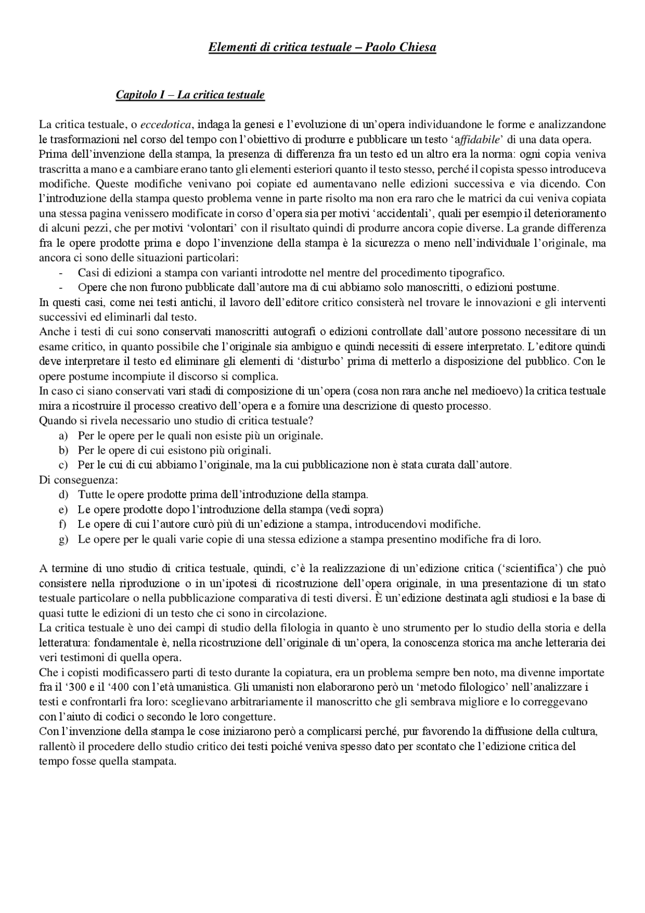 Riassunto Elementi Di Critica Testuale Paolo Chiesa Docsity