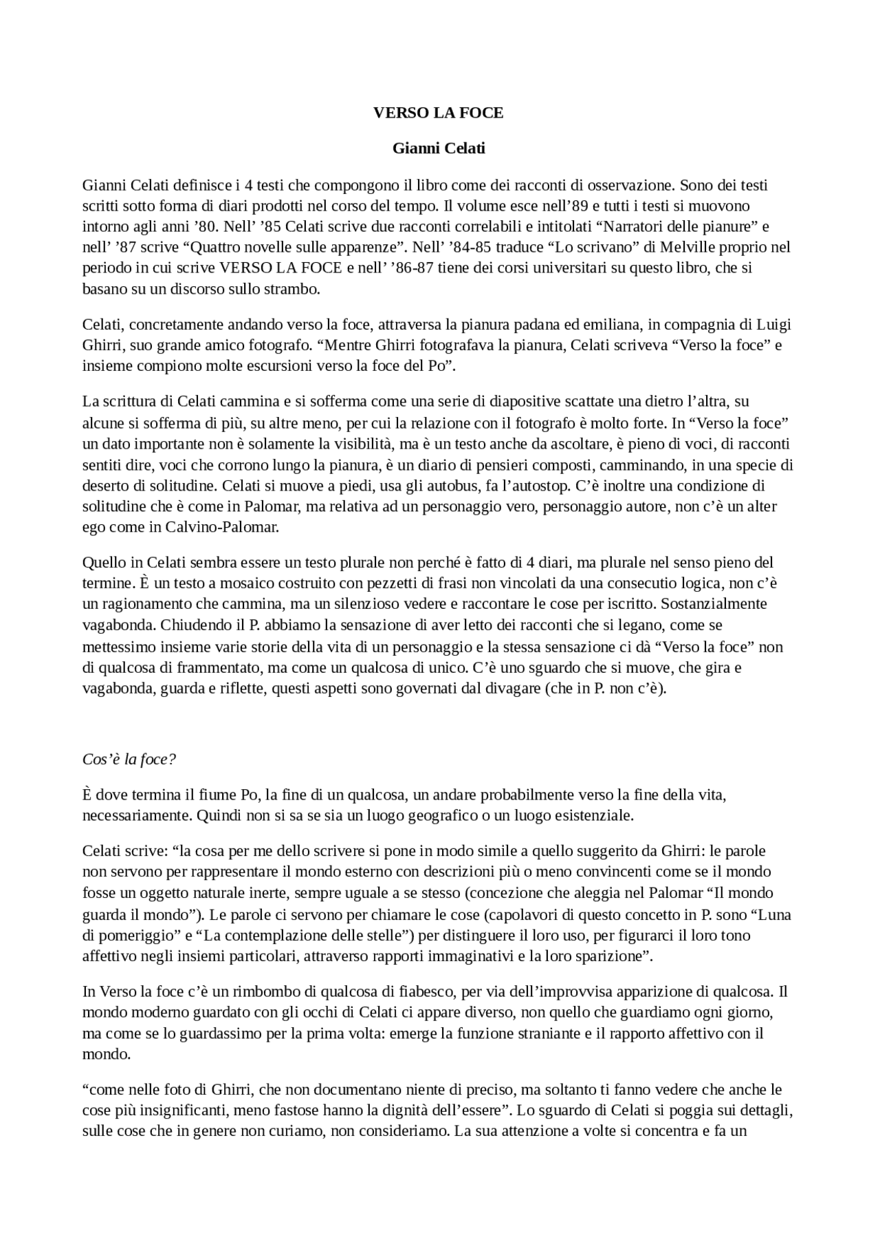 Verso La Foce Di Gianni Celati Docsity