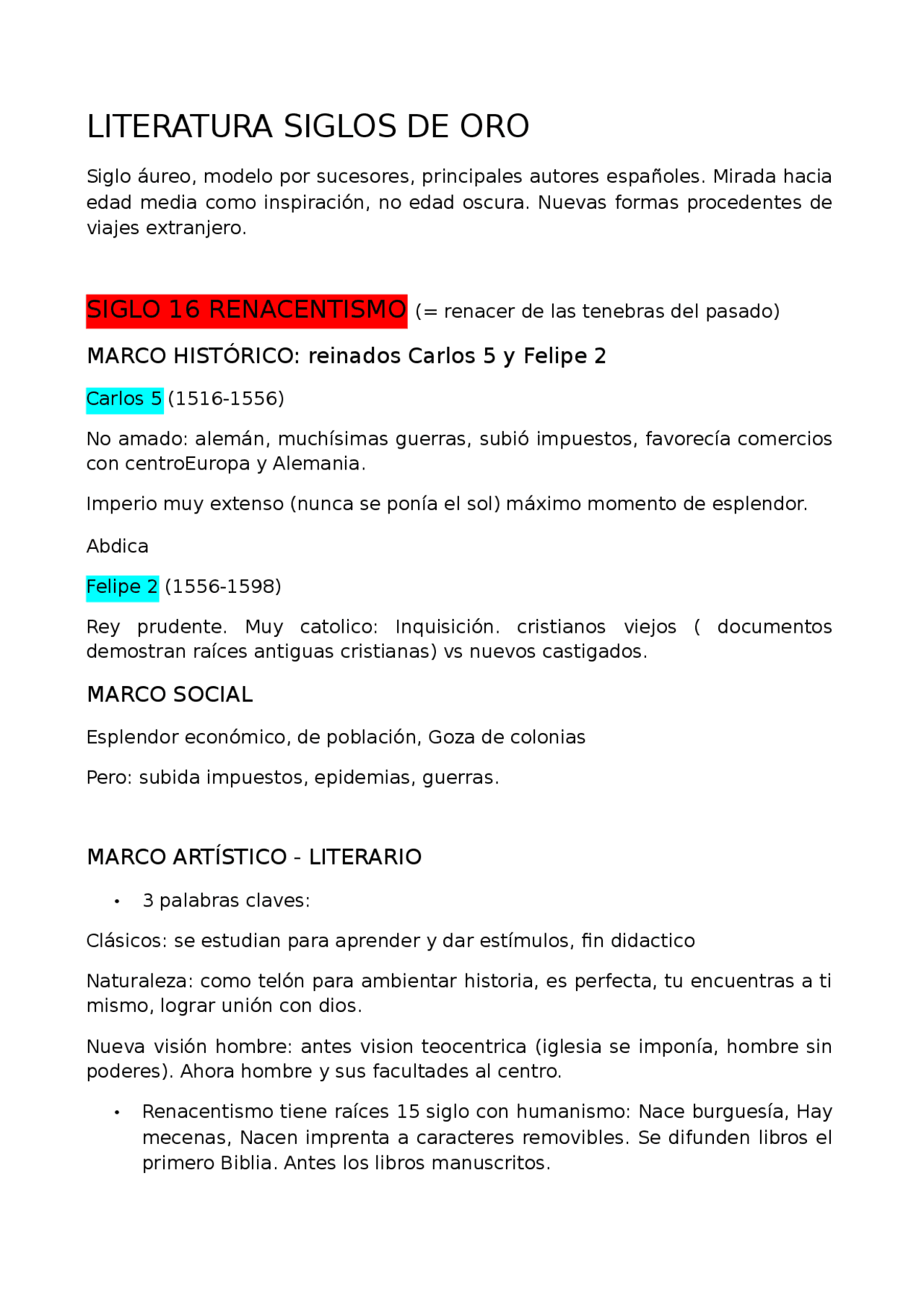 LITERATURA de los SIGLOS DE ORO - Docsity