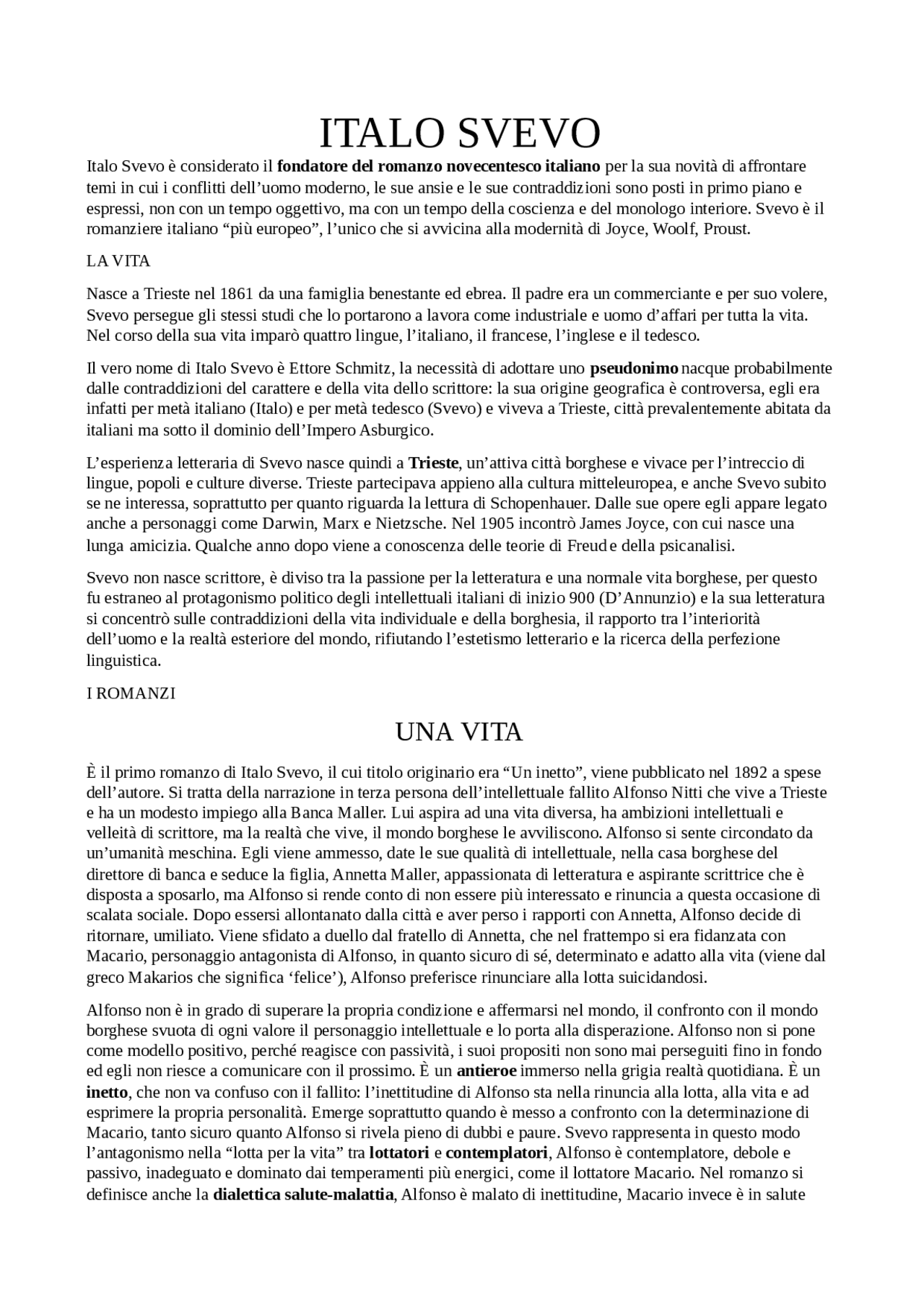 Italo Svevo: vita e opere - Docsity