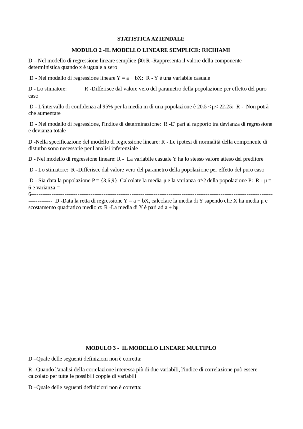 Statistica Aziendale Maercatorum Docsity