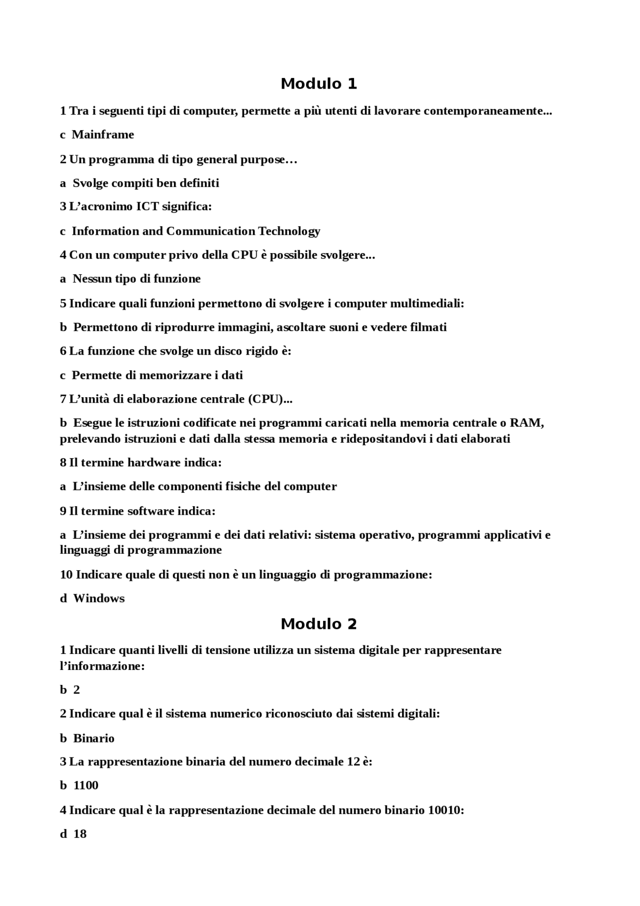 Prove Desame Con Risposte Appunti Di Elementi Di Informatica Docsity