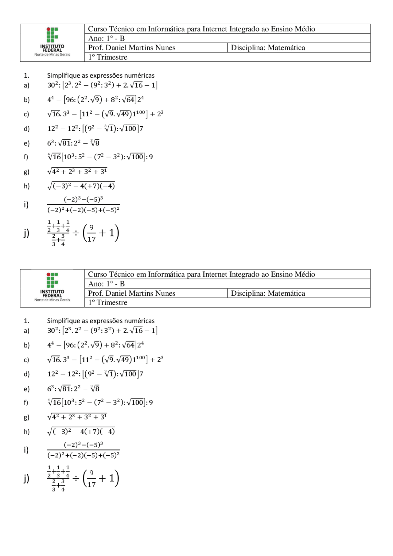 Expressões Numéricas Números Reais Docsity