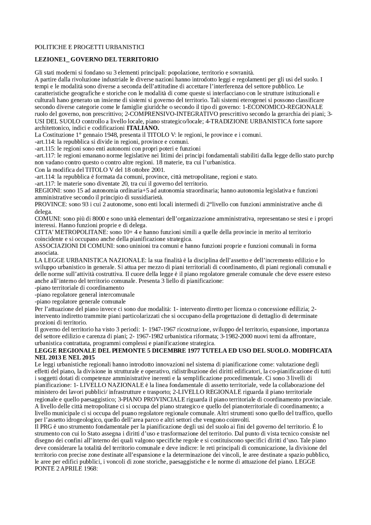 Politiche e progetti urbanistici - Docsity