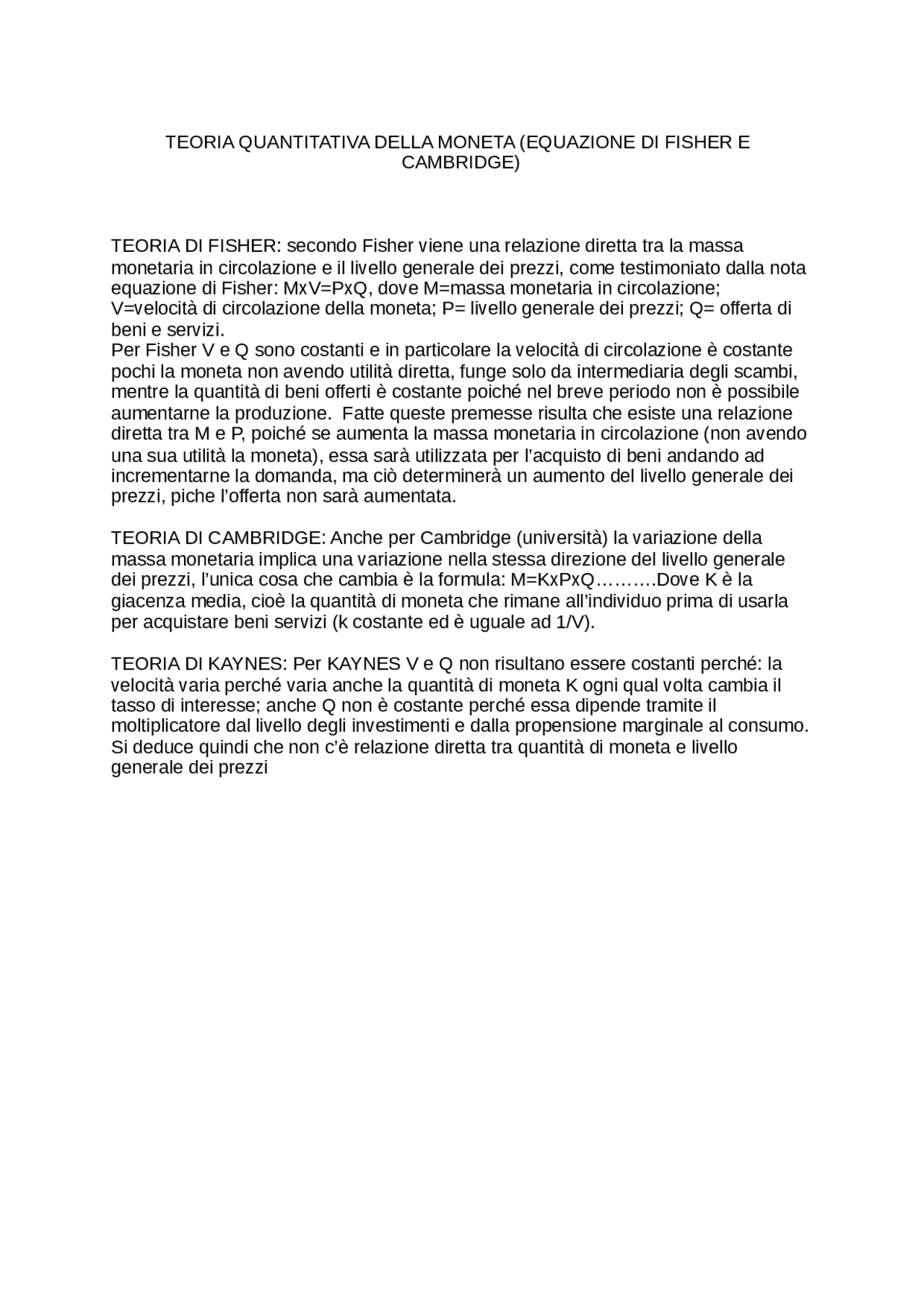 Teorie Quantitative Docsity