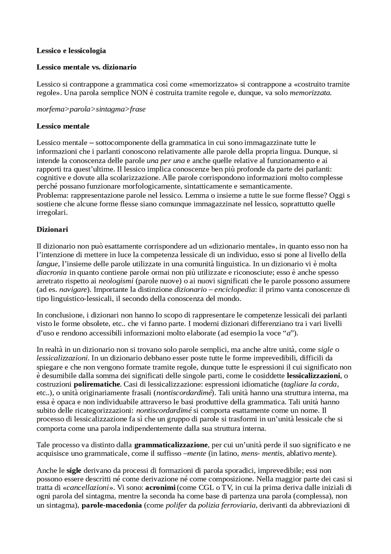 Lessico E Lessicologia Appunti Di Linguistica Generale Docsity