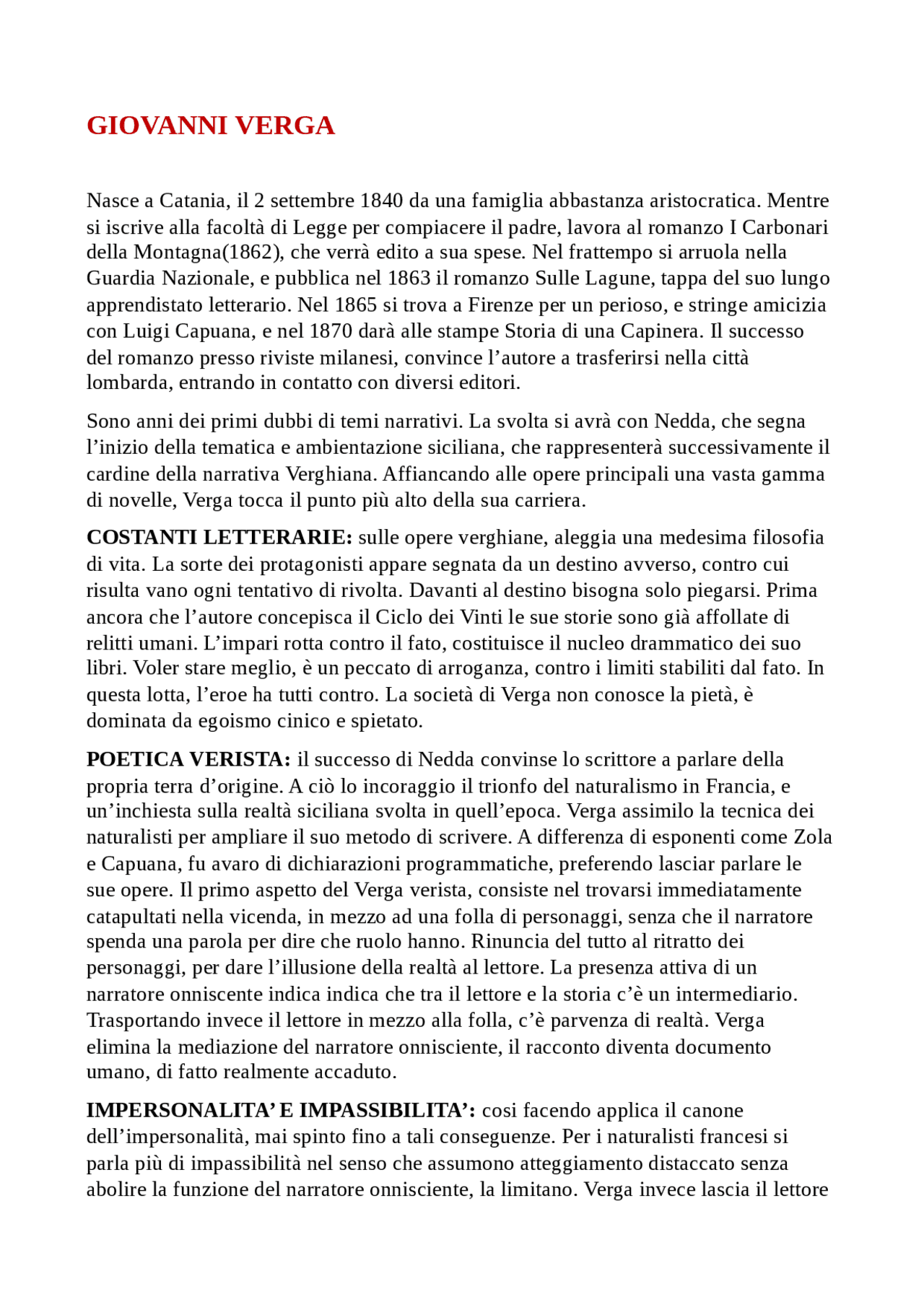 Giovanni Verga Appunti Appunti Di Letteratura Docsity