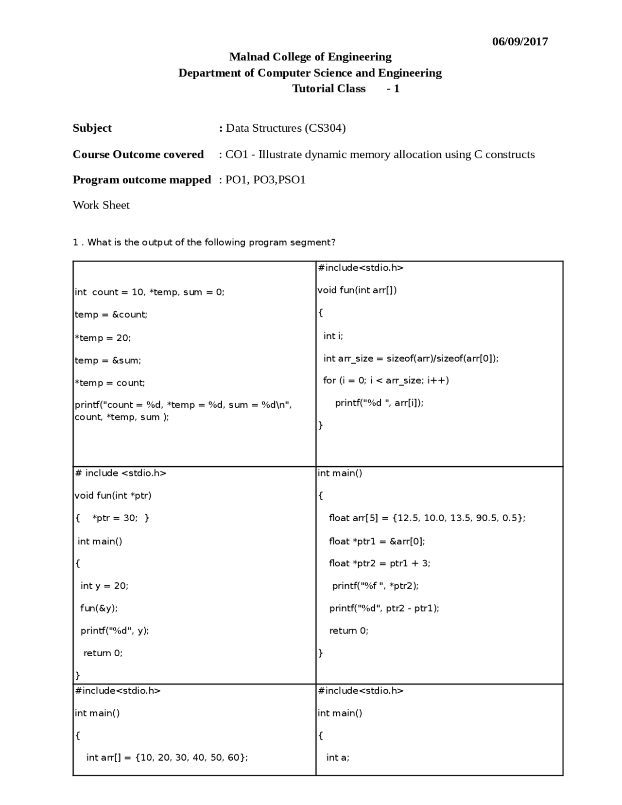 Practice Problems On Pointers Docsity