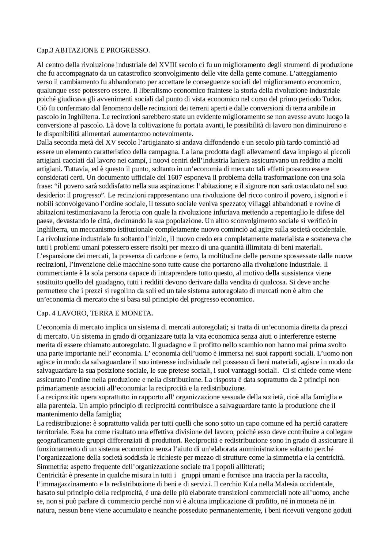 La Grande Trasformazione Polanyi Docsity