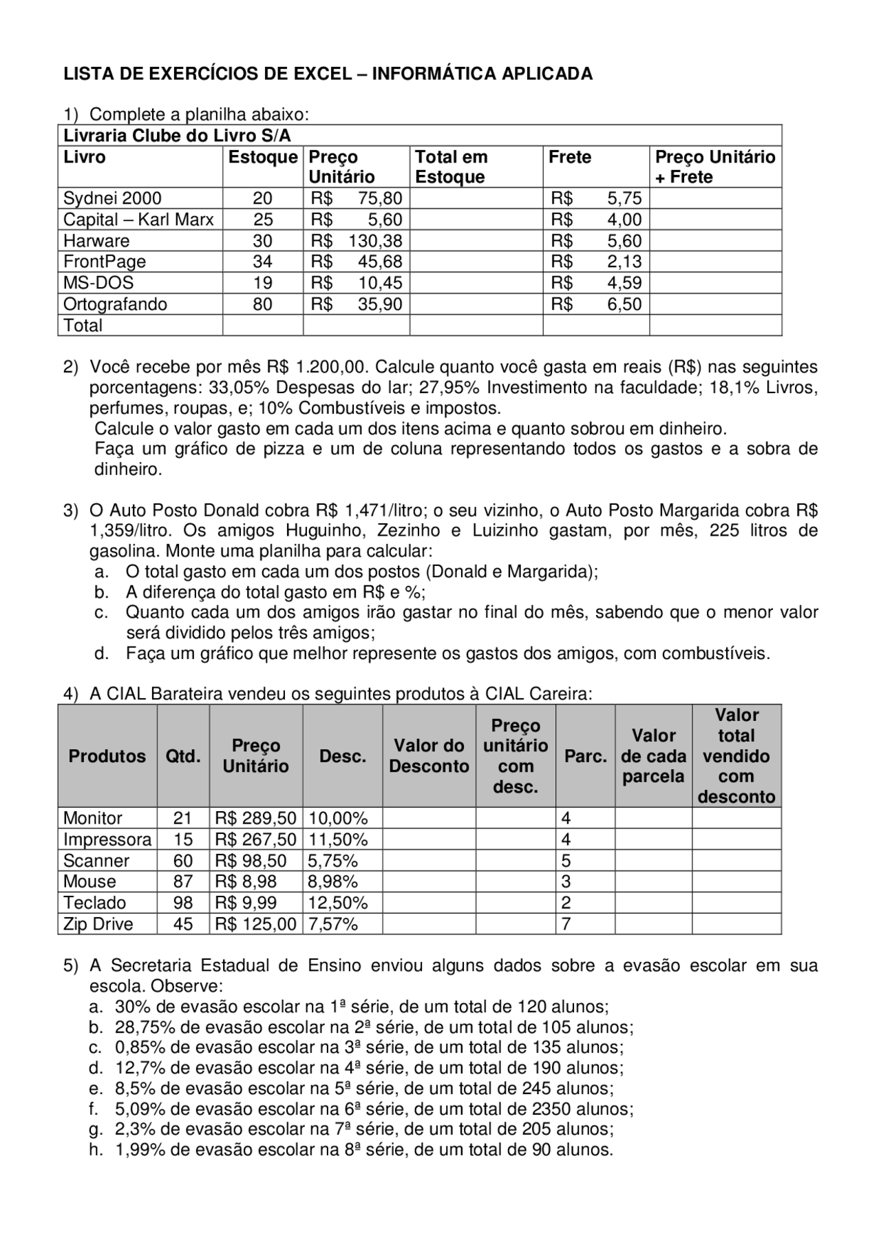 Exercícios De Excel Docsity