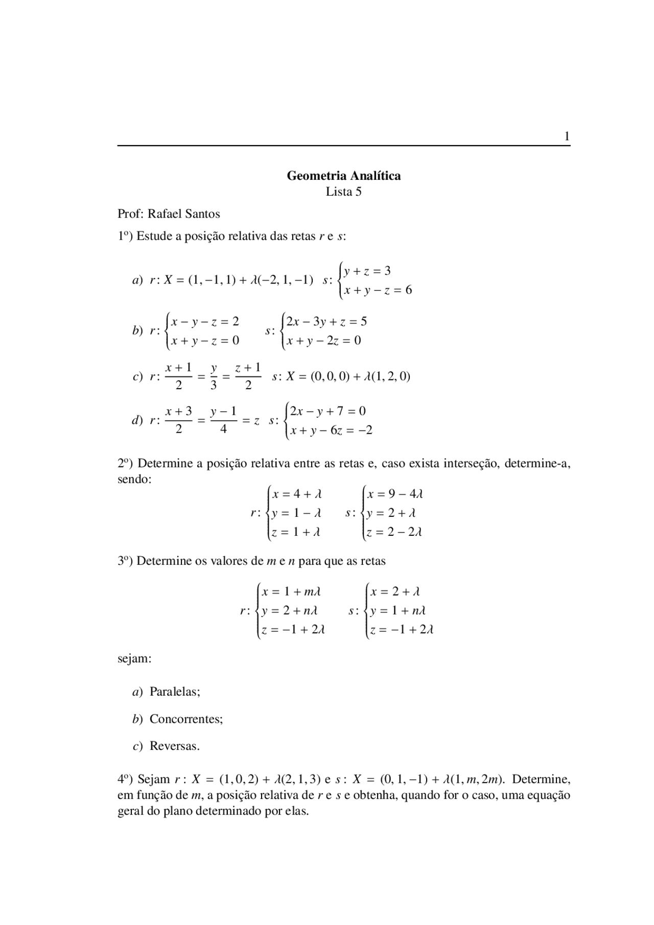 Lista 5 Geometria Analitica Docsity