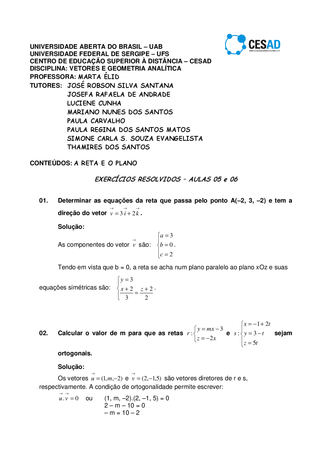 Exercicios De Geometria Analitica Docsity