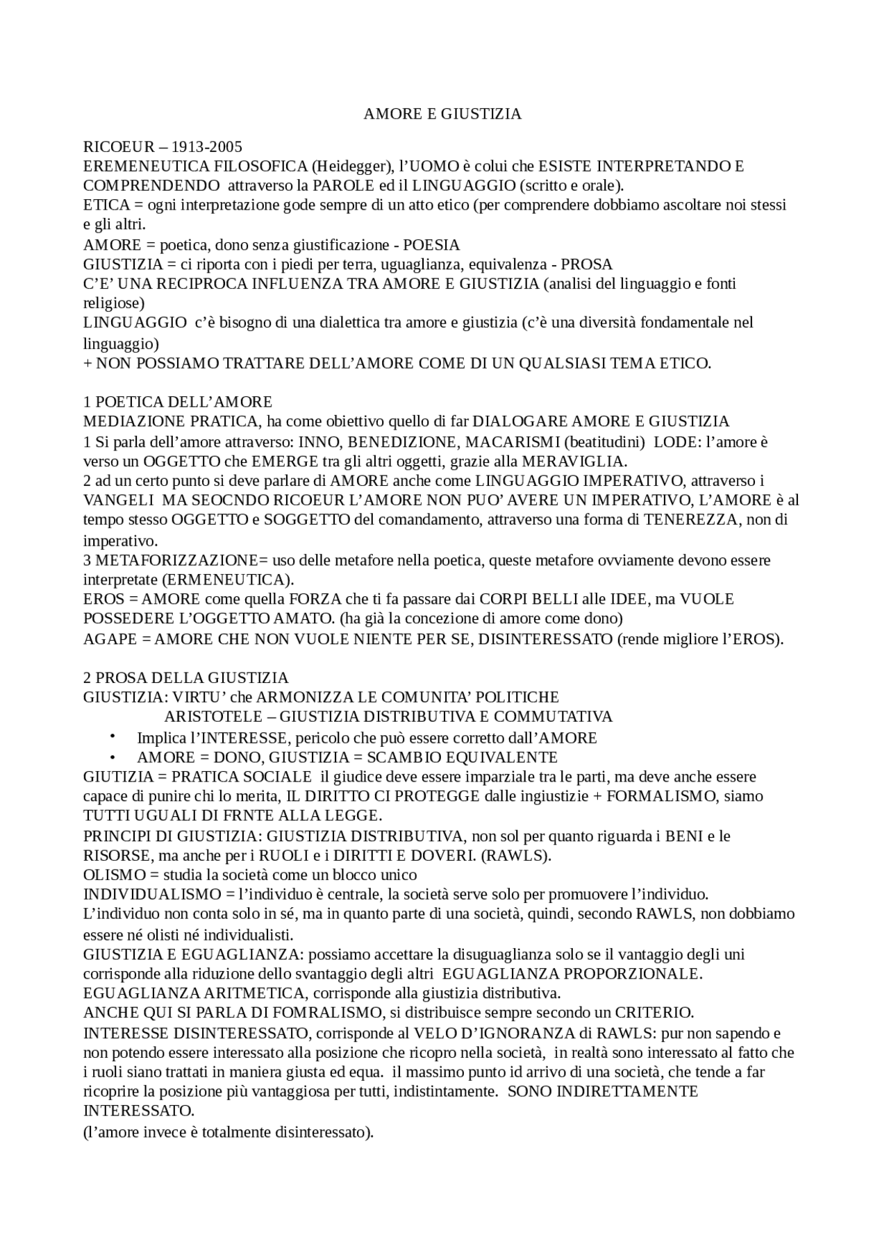 Sintesi Del Libro Amore E Giustizia Docsity