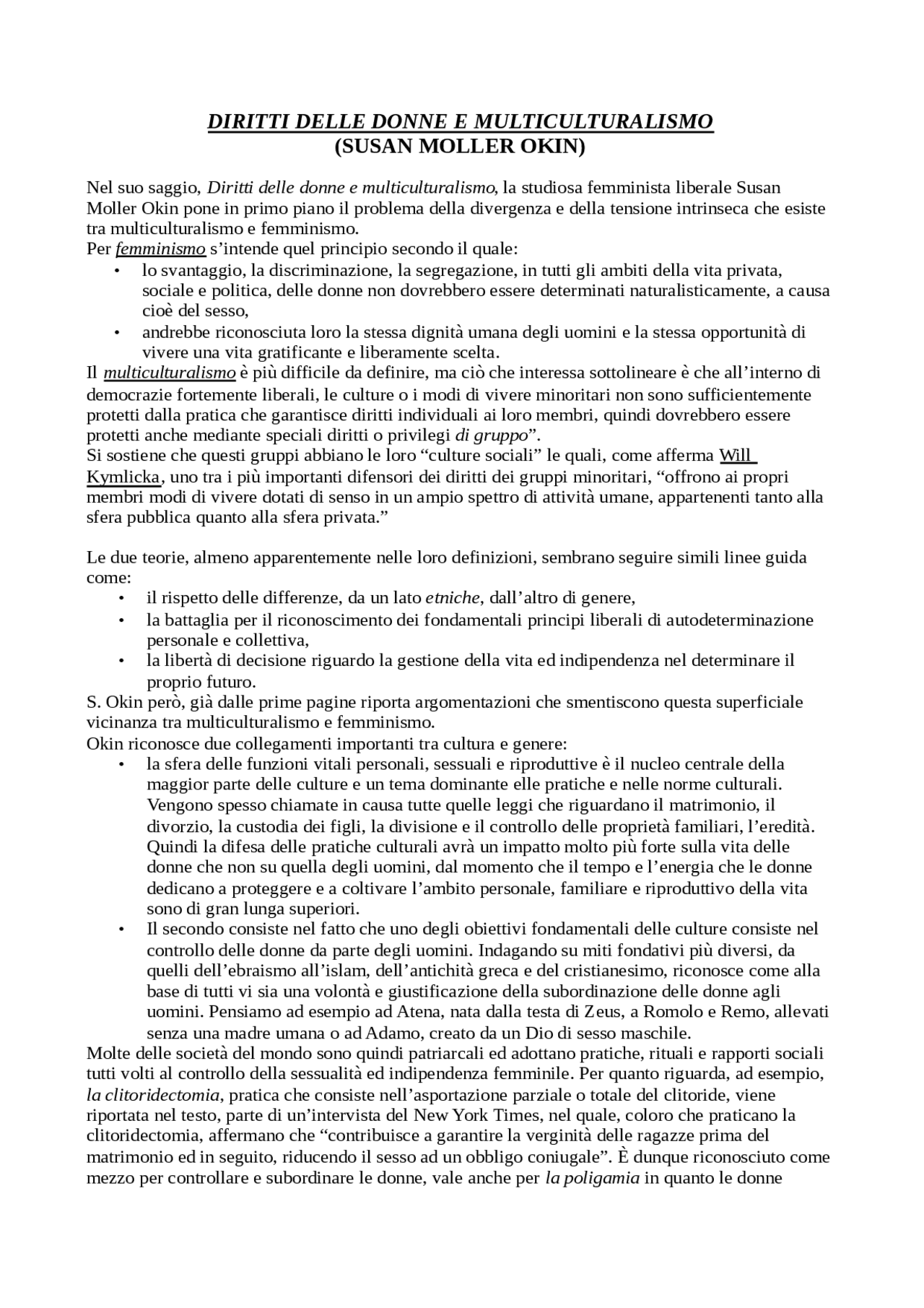 Riassunto Diritti Delle Donne E Multiculturalismo Di Susan Moller