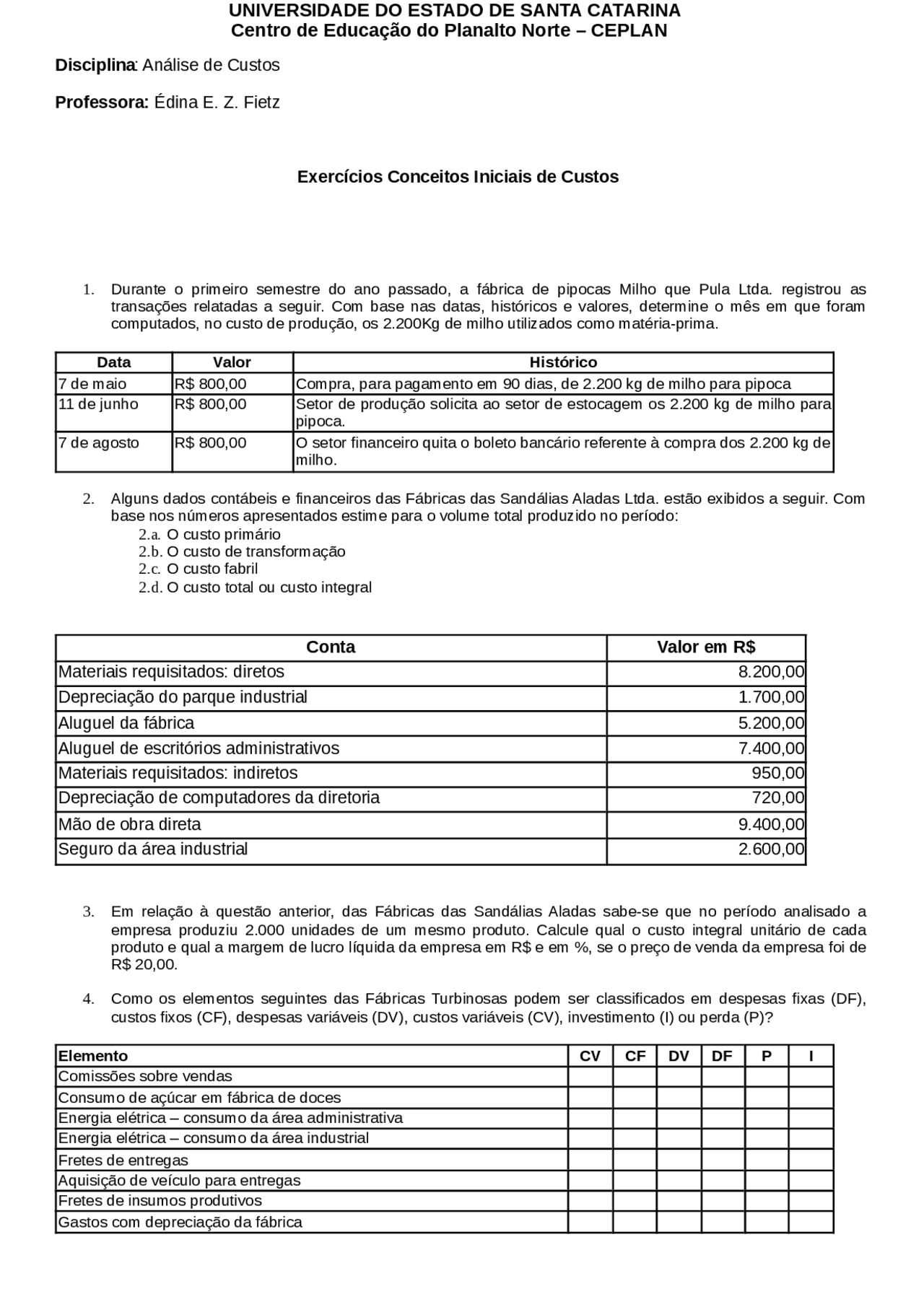 Exercício De Custos Docsity