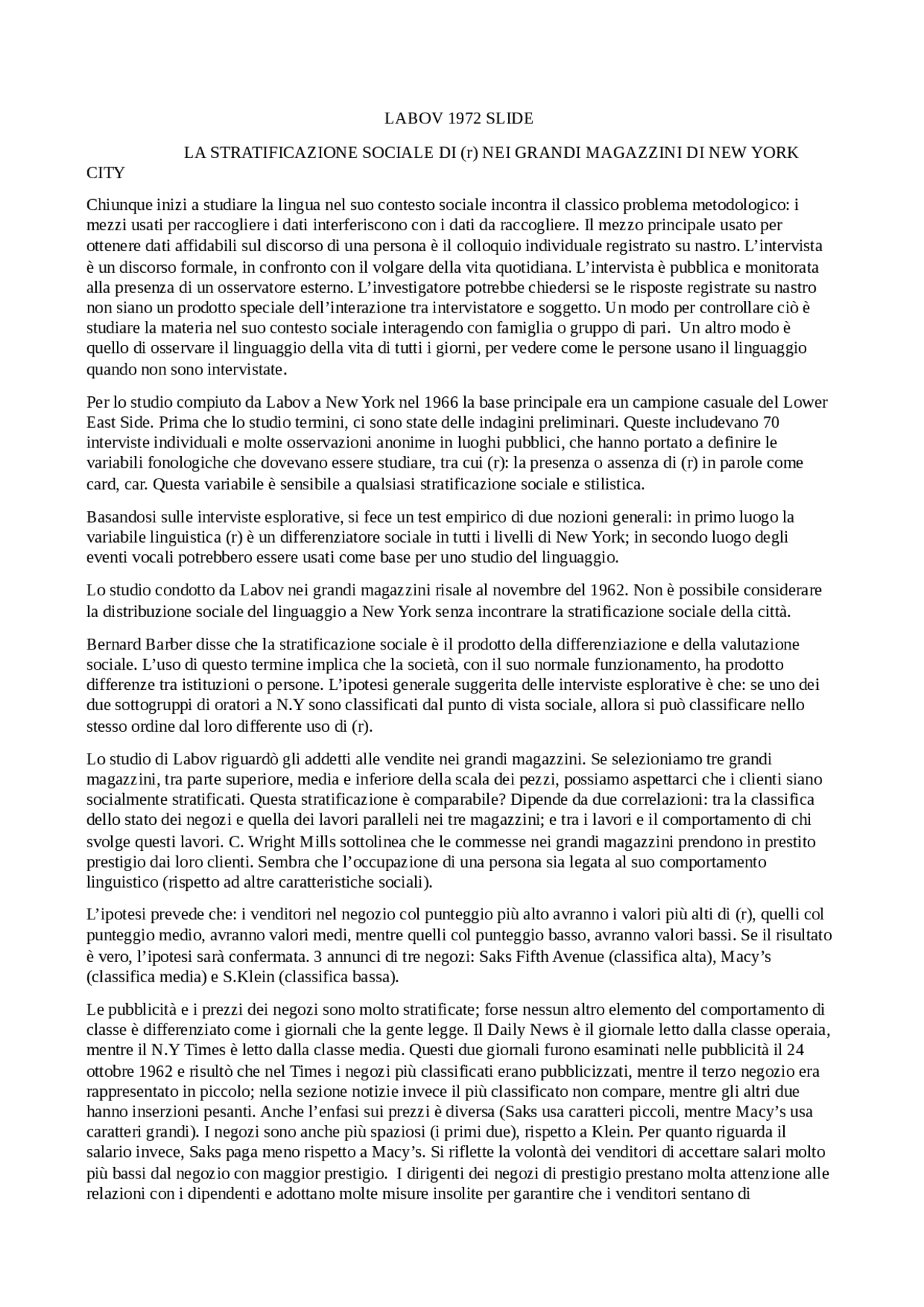 Labov, New York e l'uso di R | Sintesi del corso di Linguistica | Docsity