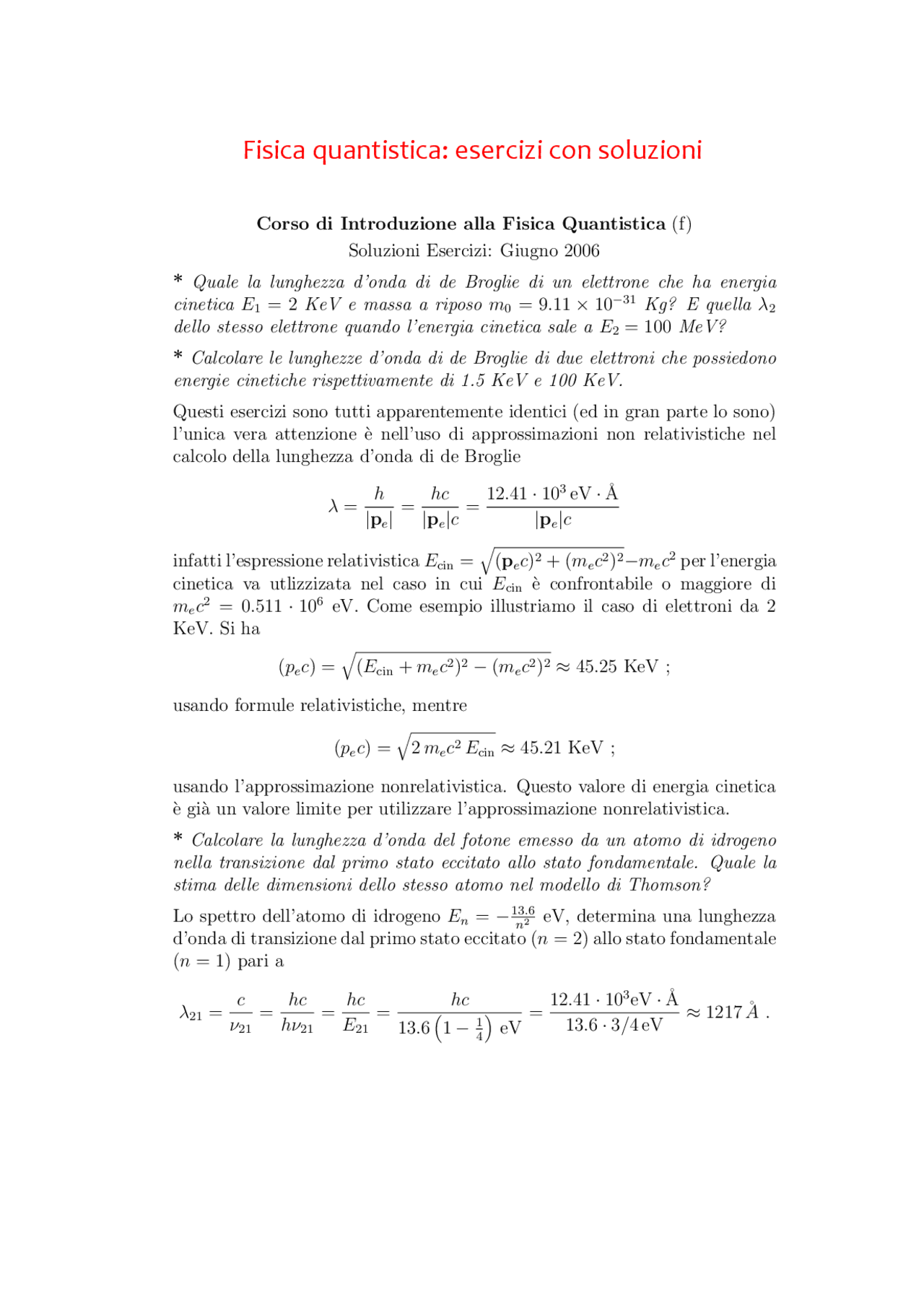 Fisica Quantistica Esercizi Con Soluzioni Esercizi Di Fisica