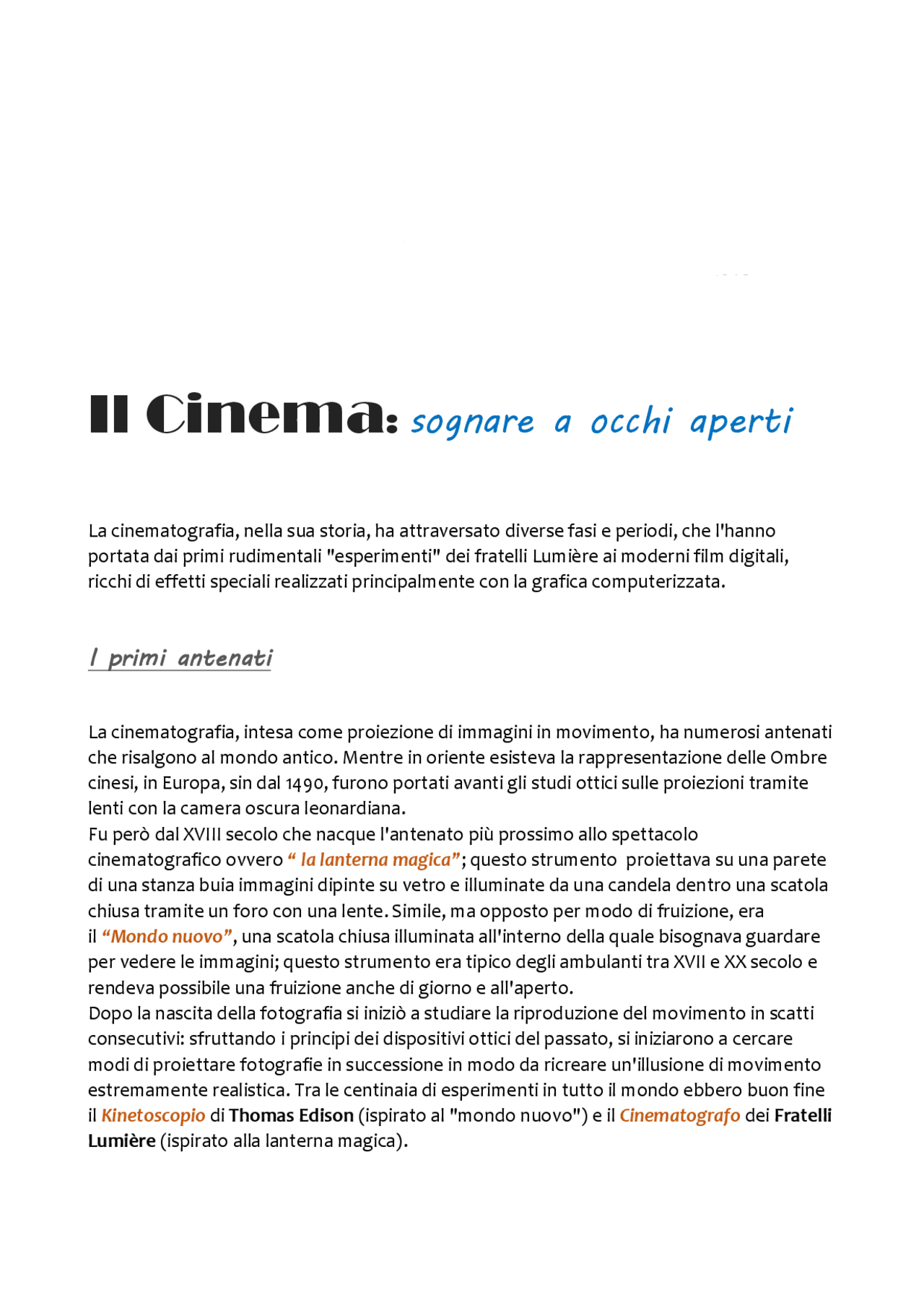 Il cinema- dal principio fino ad oggi : la storia della settima arte - Docsity