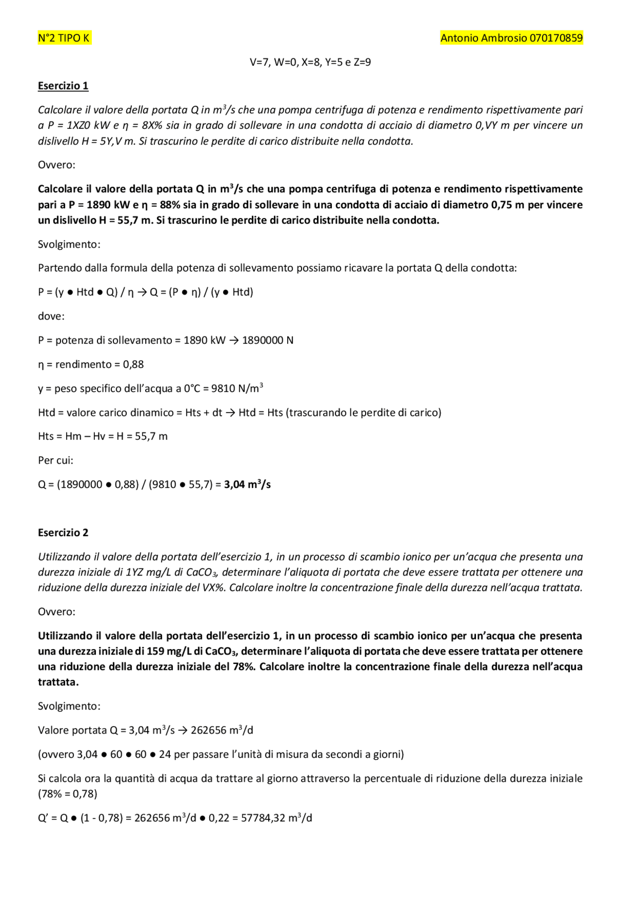 Elaborato N2 Tipo K Ingegneria Ambientale Esercizi Di Ingegneria