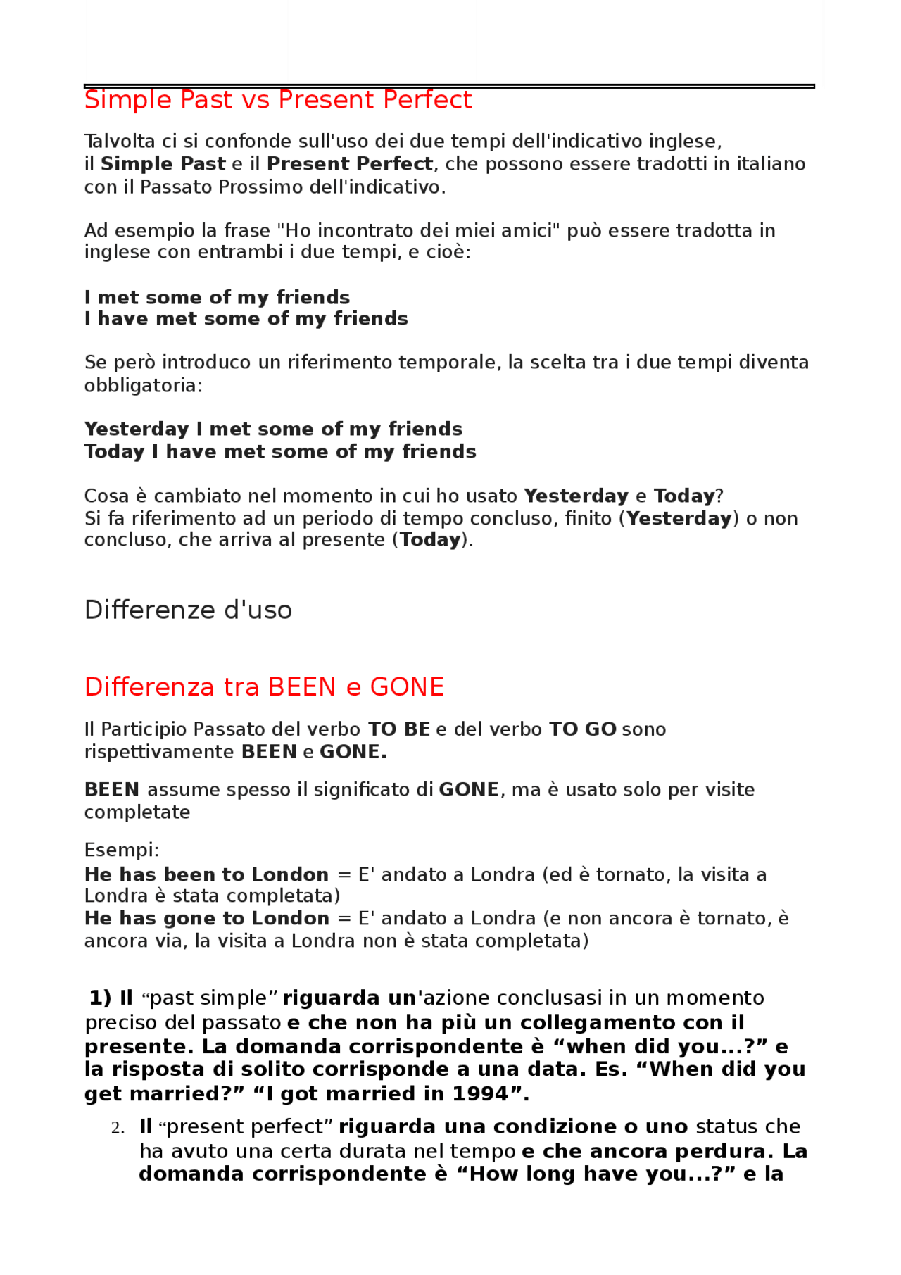 Simple Past vs Present Perfect | Appunti di Inglese | Docsity