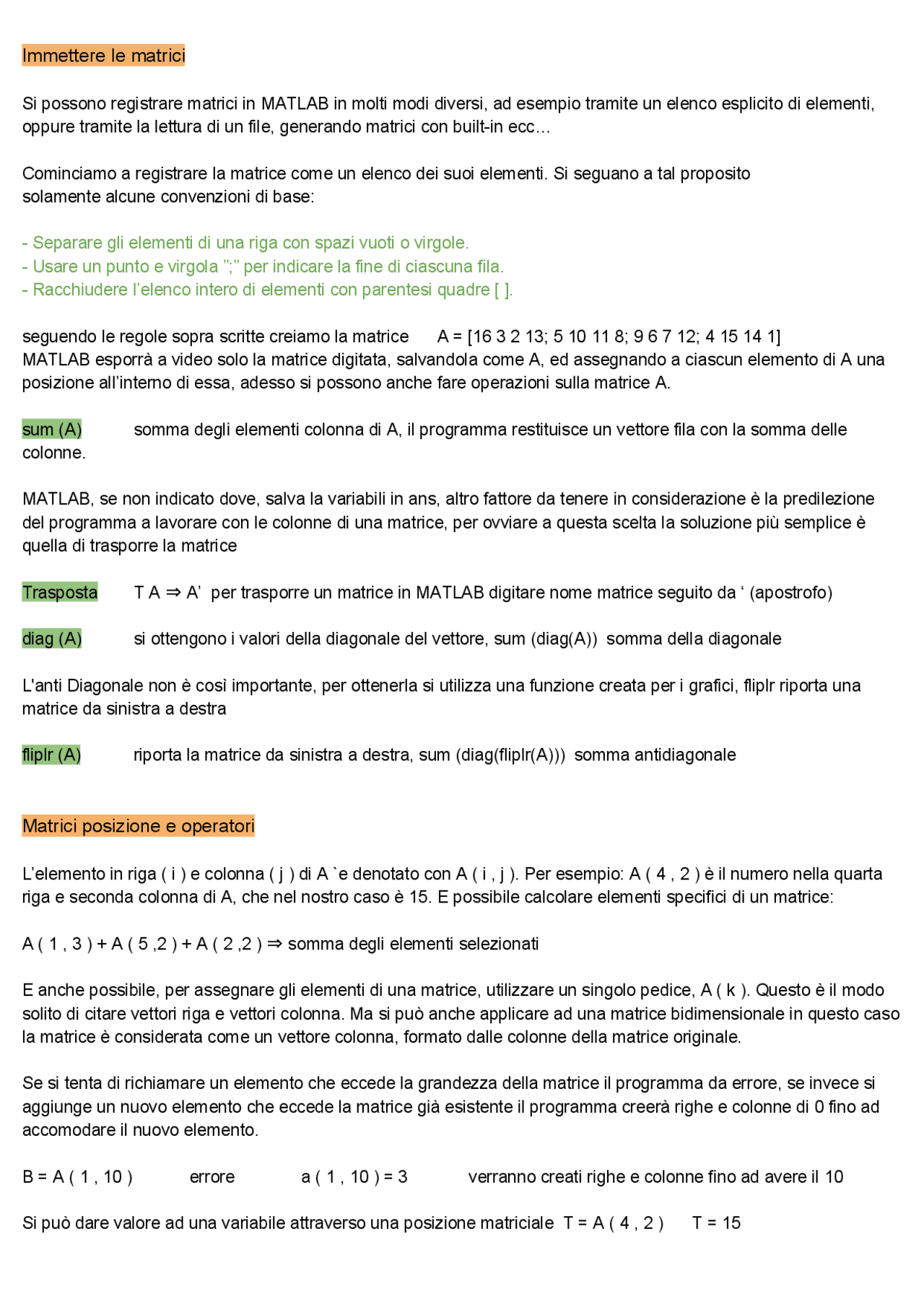 Riassunto Matlab Comandi Appunti Di Elementi Di Informatica Docsity