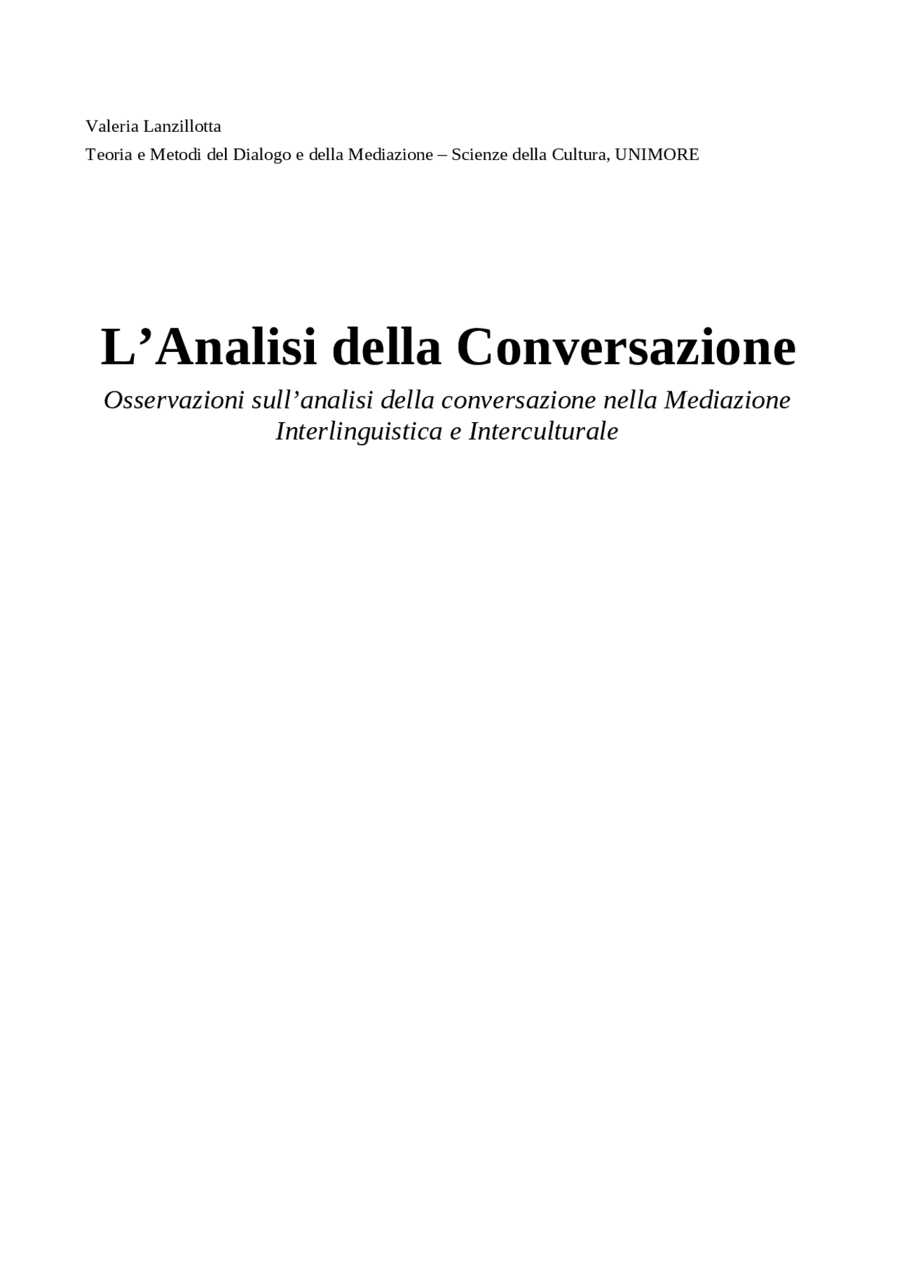 Tesina Teorie E Metodi Del Dialogo E Della Mediazione Docsity