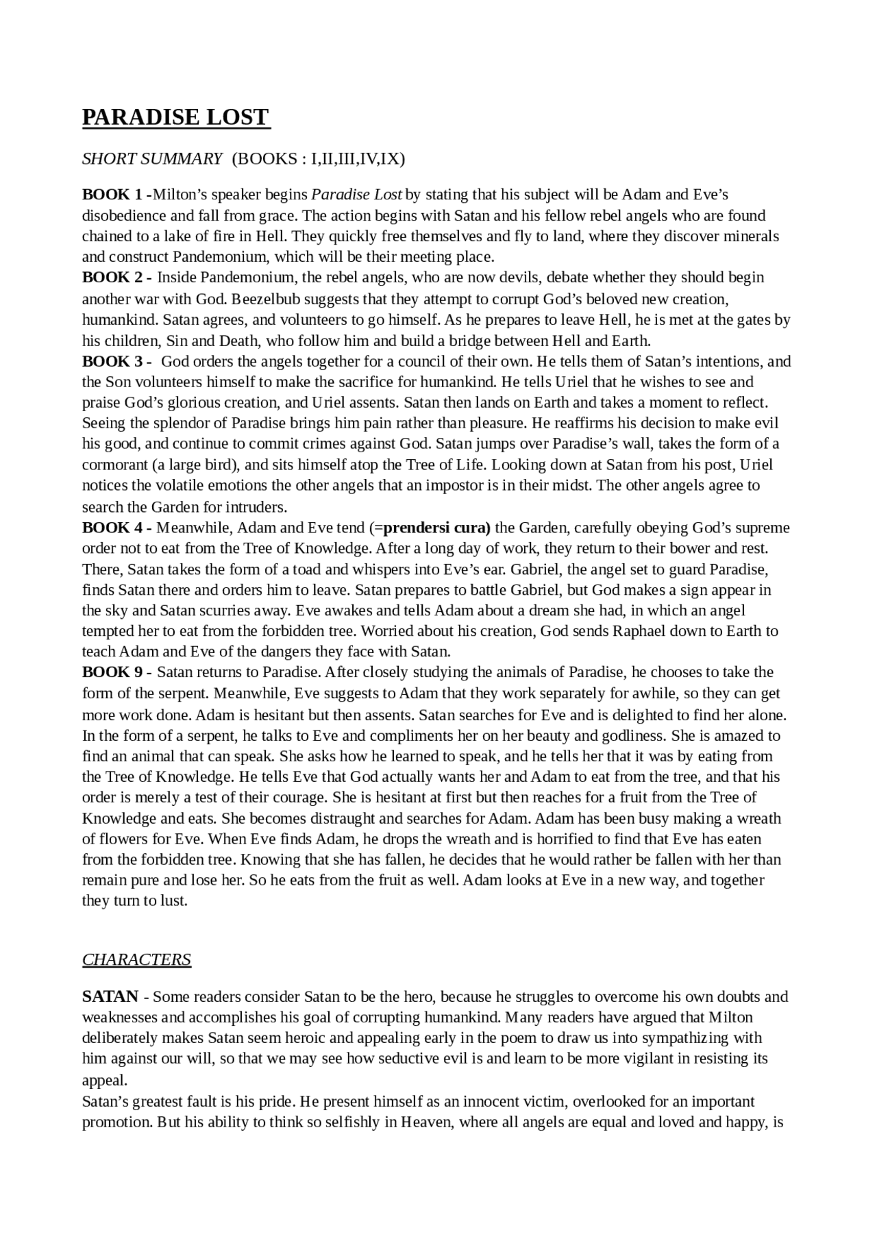 Analisi Paradise Lost | Appunti di Letteratura Inglese - Docsity