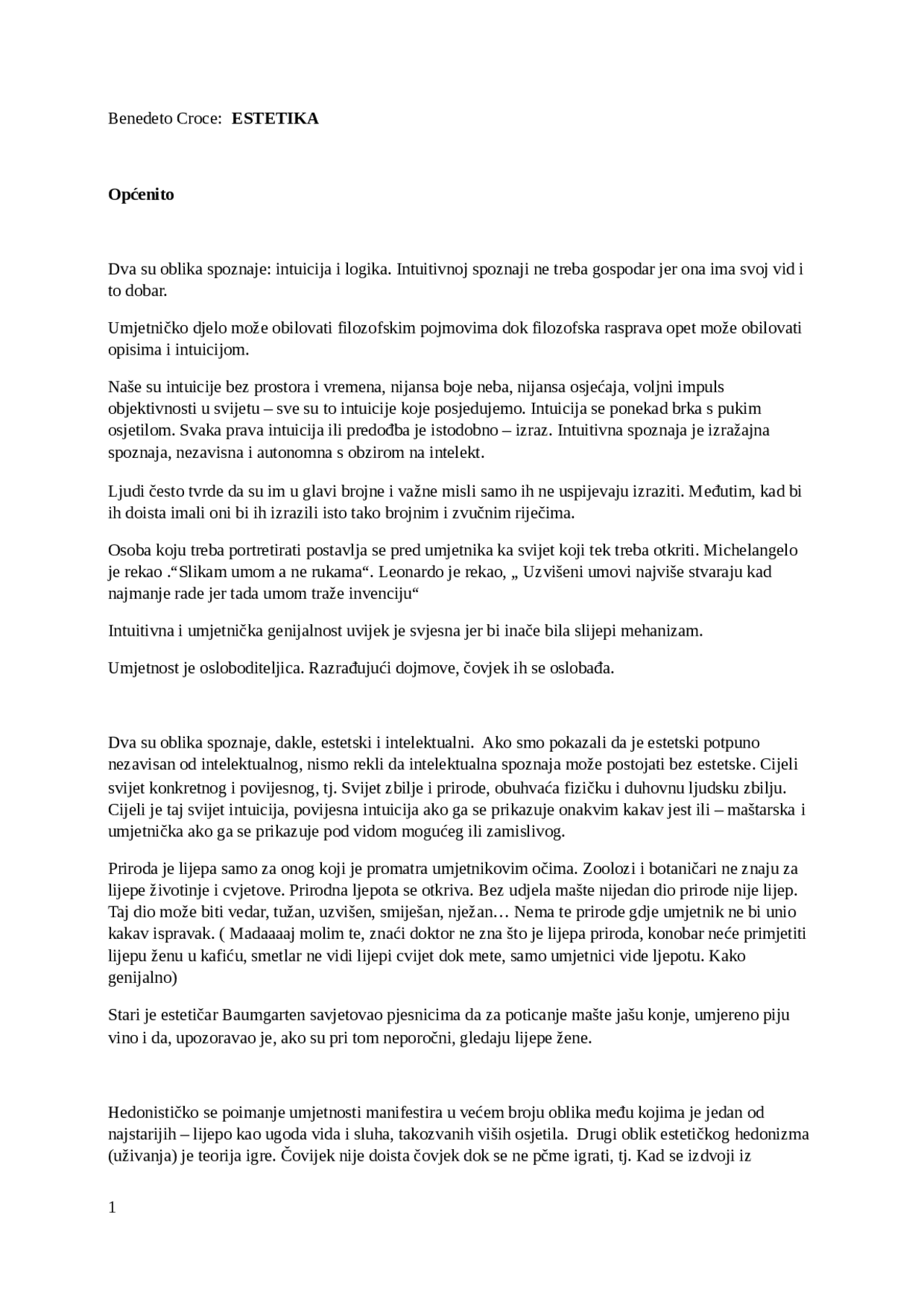 Estetika Kratki Esej Esej Predlog Estetika Docsity