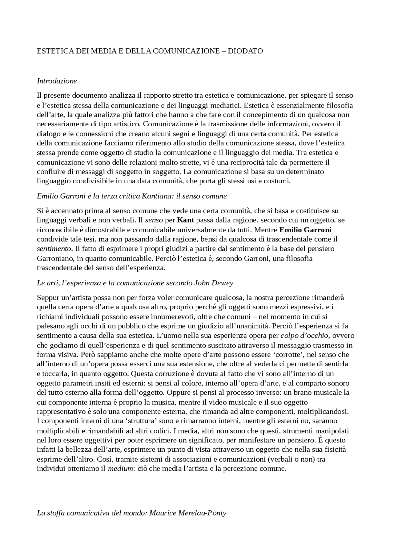 Riassunto Di Estetica Dei Media Di Diodato E Somaini Docsity