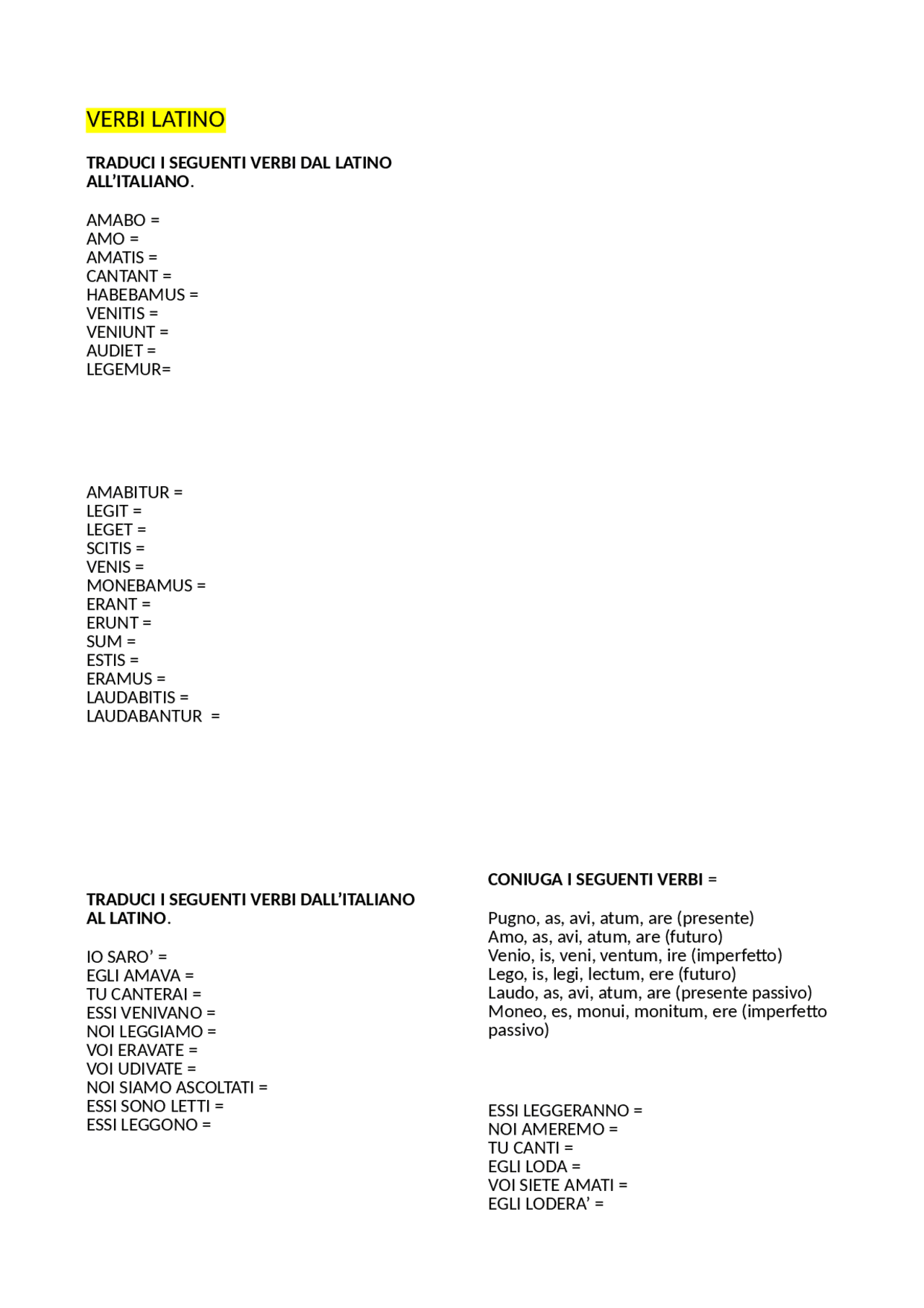 Esercitazione Di Verbi Latino Docsity