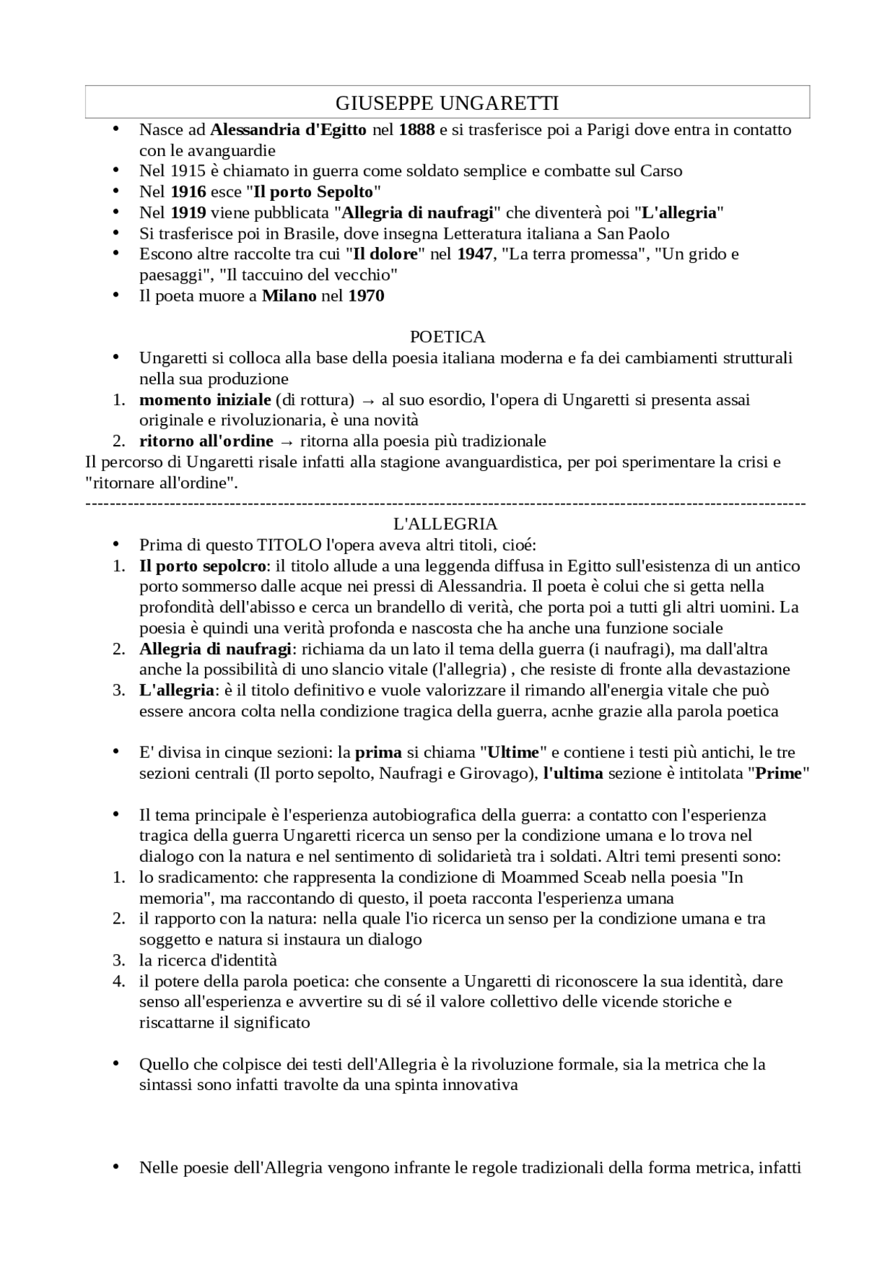 Riassunti Giuseppe Ungaretti Docsity